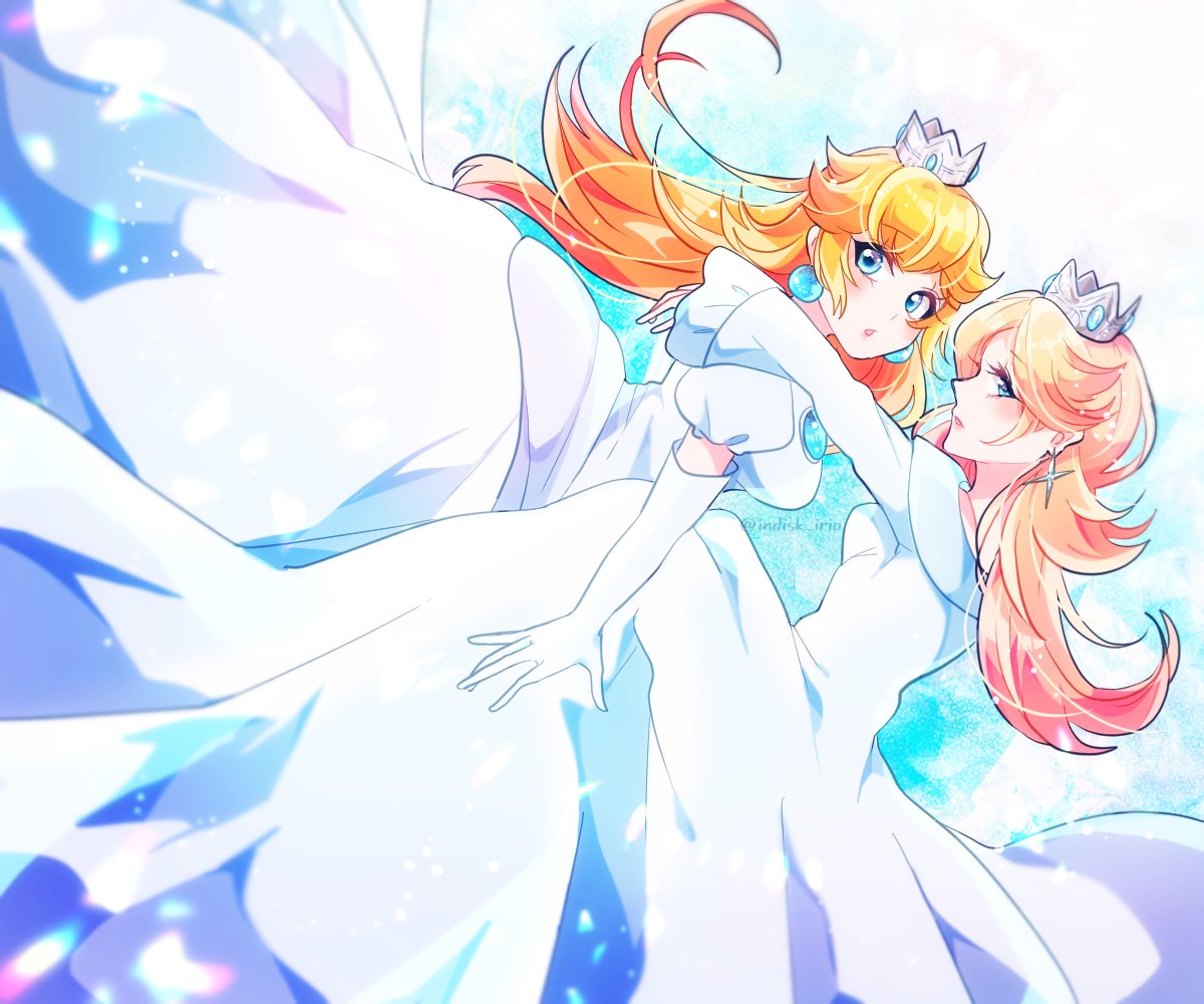 Safebooru - 2girls blonde hair brooch crown dress earrings elbow gloves ...