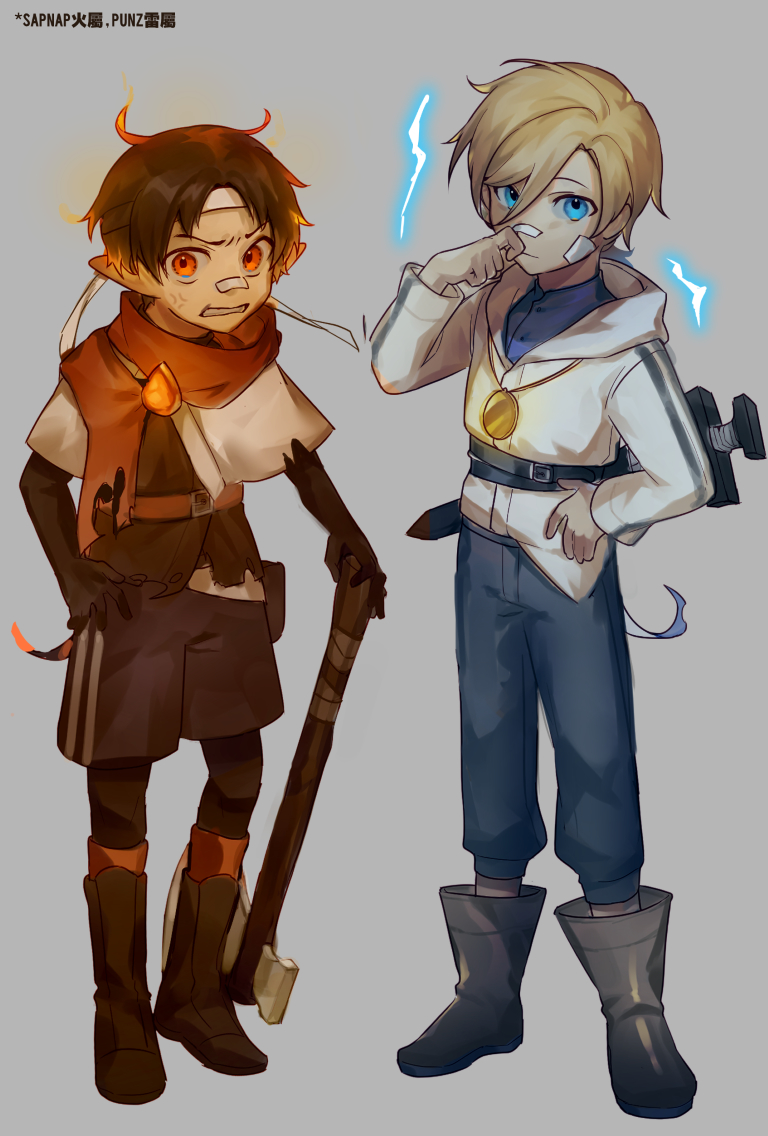 Safebooru - 2boys adapted costume aged down axe belt black gloves blonde hair blue eyes boots ...
