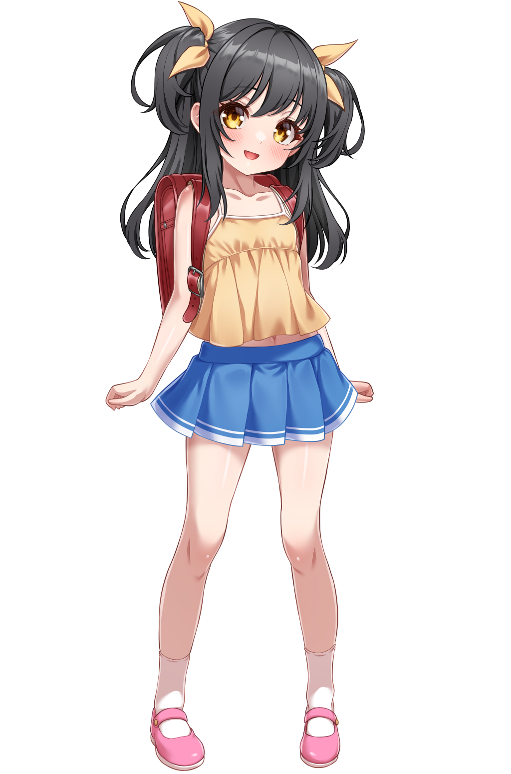Safebooru - 1girl backpack bag black hair blue skirt blush camisole full body highres long hair ...