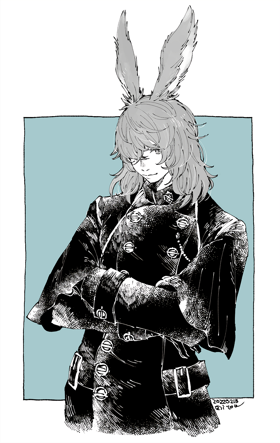 Safebooru - 1boy animal ears blue background buttons capelet closed ...