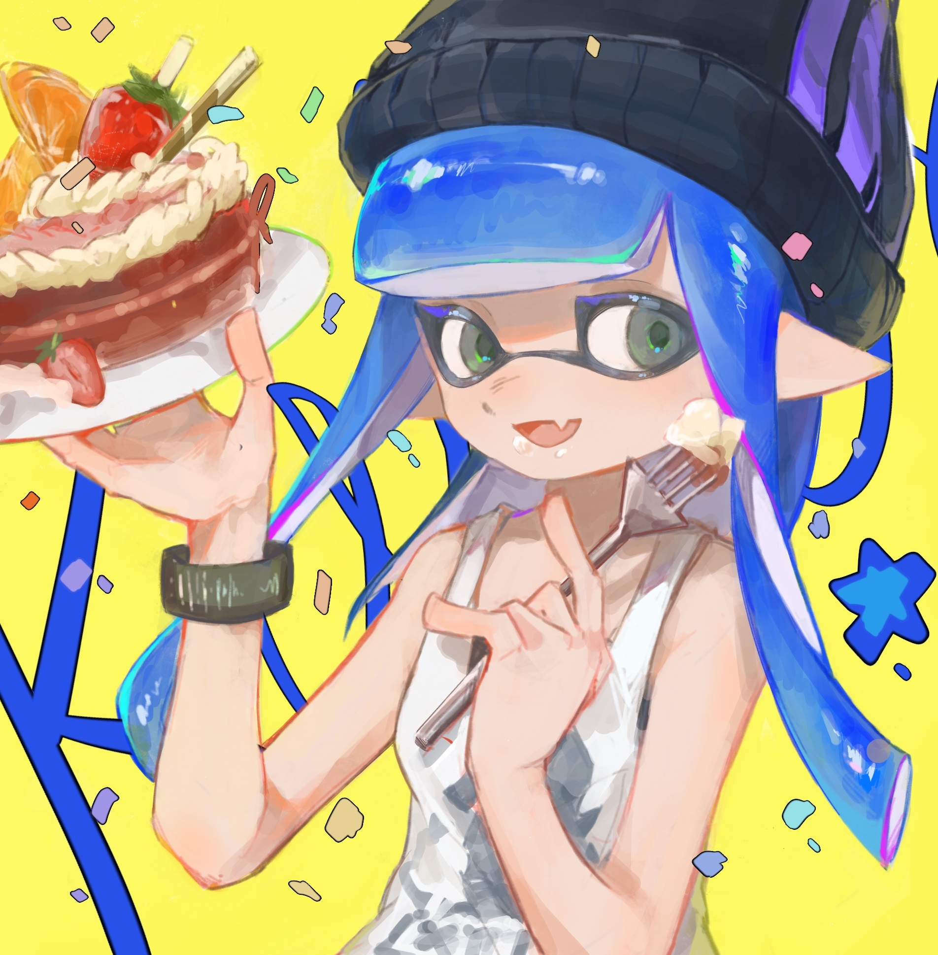 Safebooru - 1girl :d arm up beanie black hat blue hair cake commentary ...