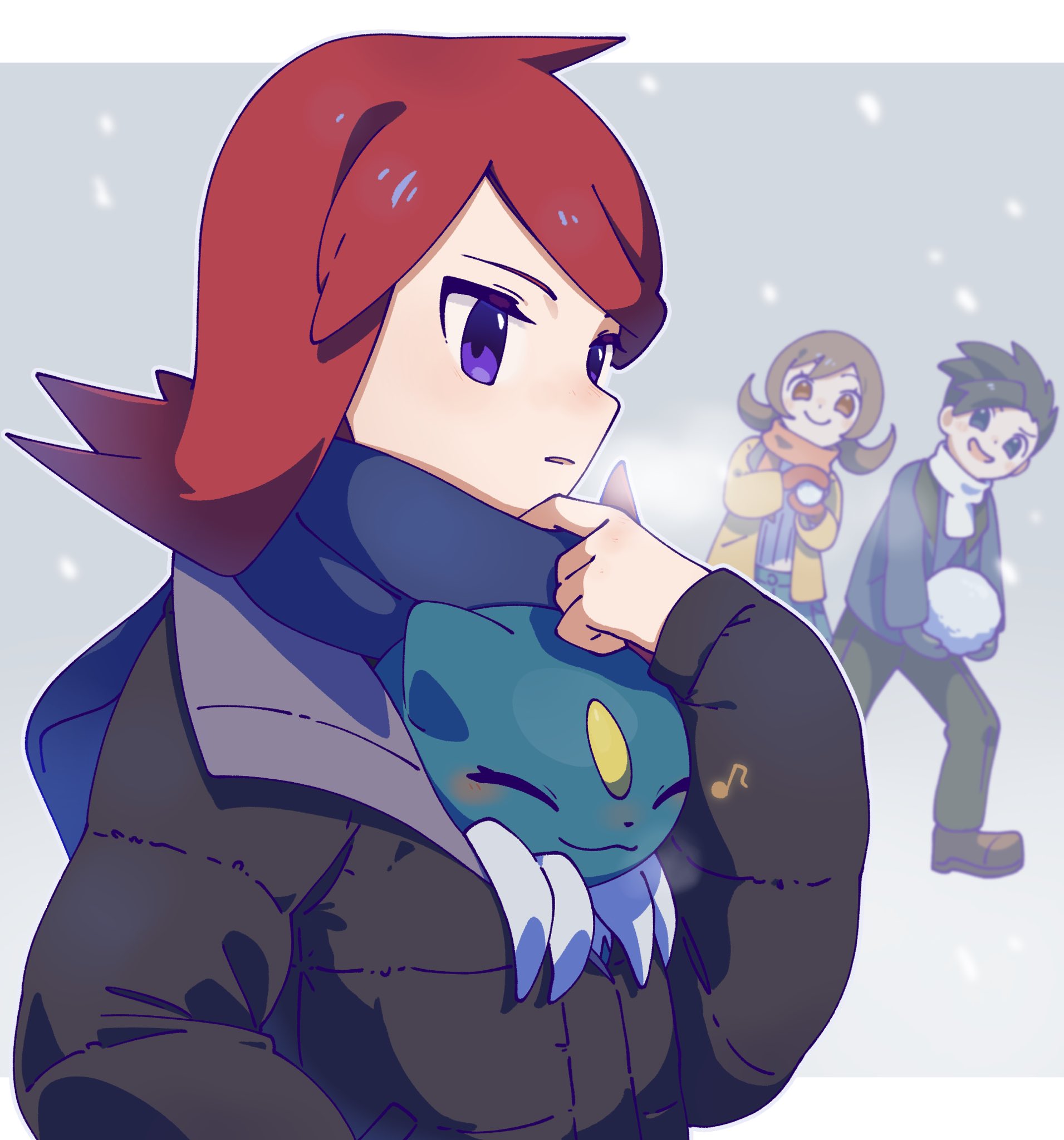 Safebooru - 1girl 2boys :3 ^ ^ adjusting scarf alternate costume black jacket blue scarf breath ...