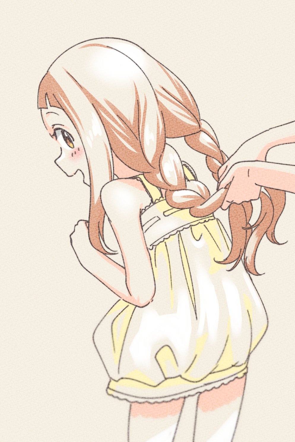 Safebooru - 1girl braid braiding hair brown background brown eyes brown hair dress from behind ...