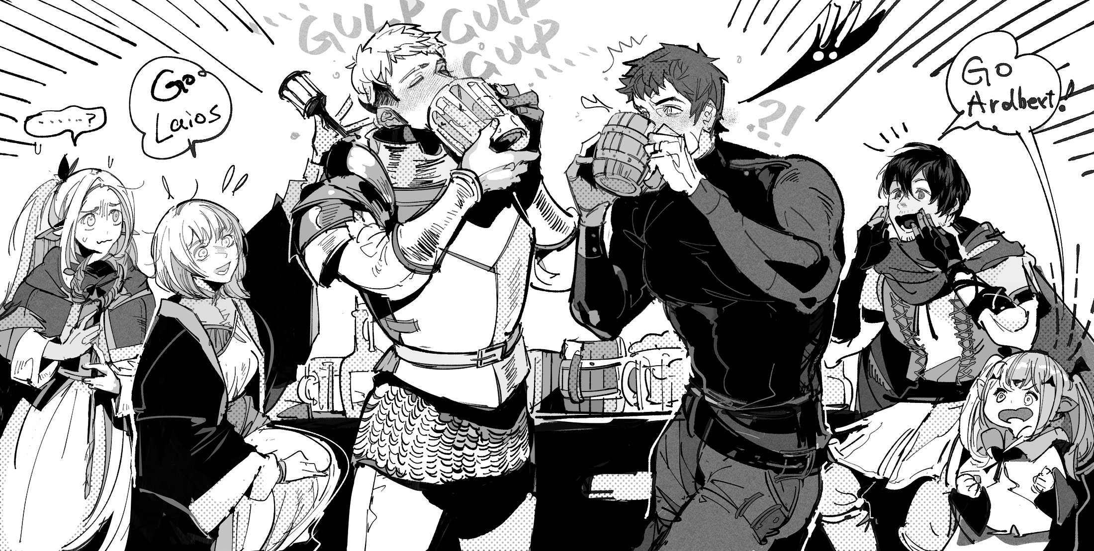 Safebooru - ! !! !? ... 3boys 3girls ? adventurer (ff14) ardbert hylfyst armor beer bottle beer ...