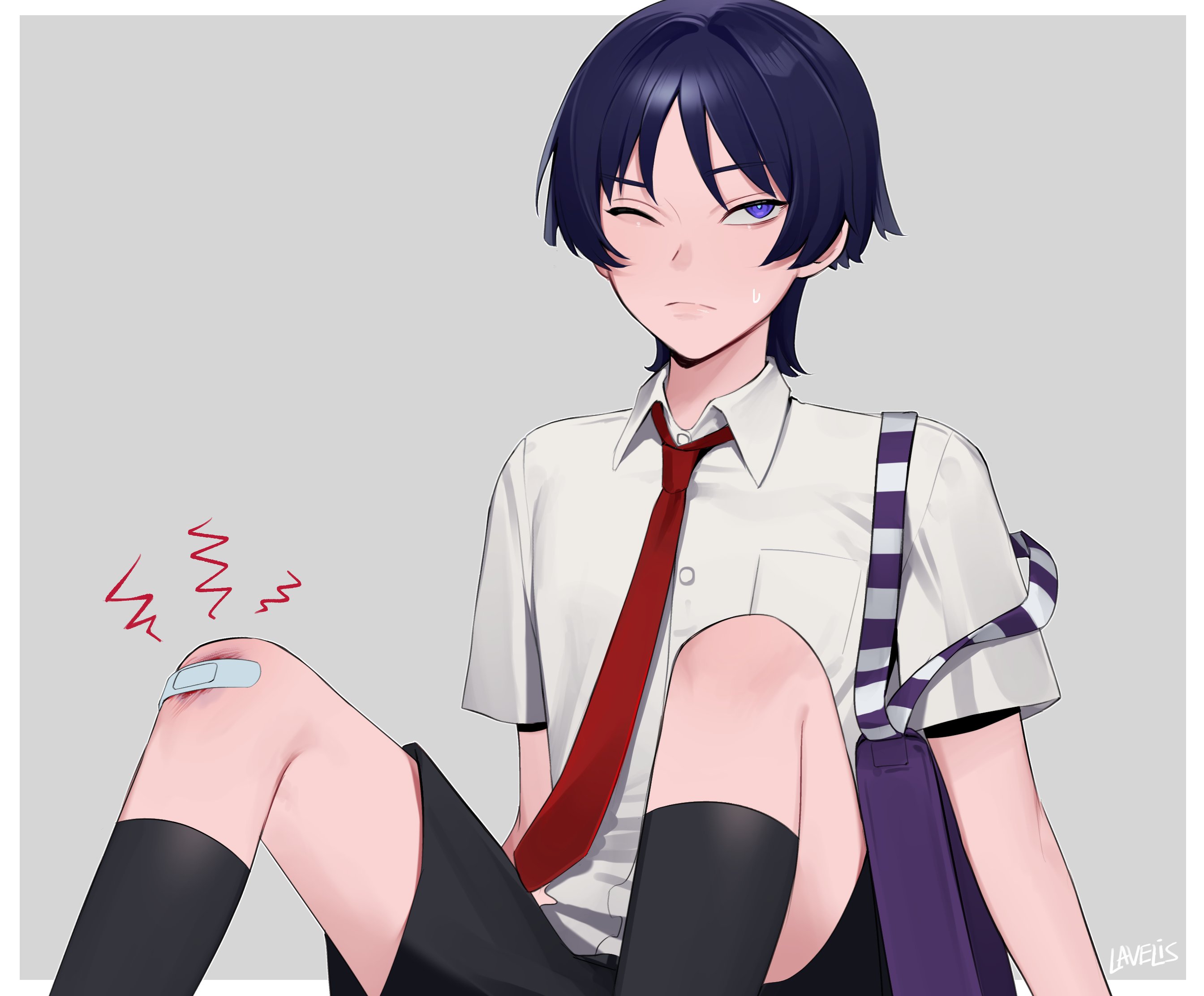 Safebooru - 1boy alternate costume ankle socks arm rest arms at sides artist name bag bandage on ...