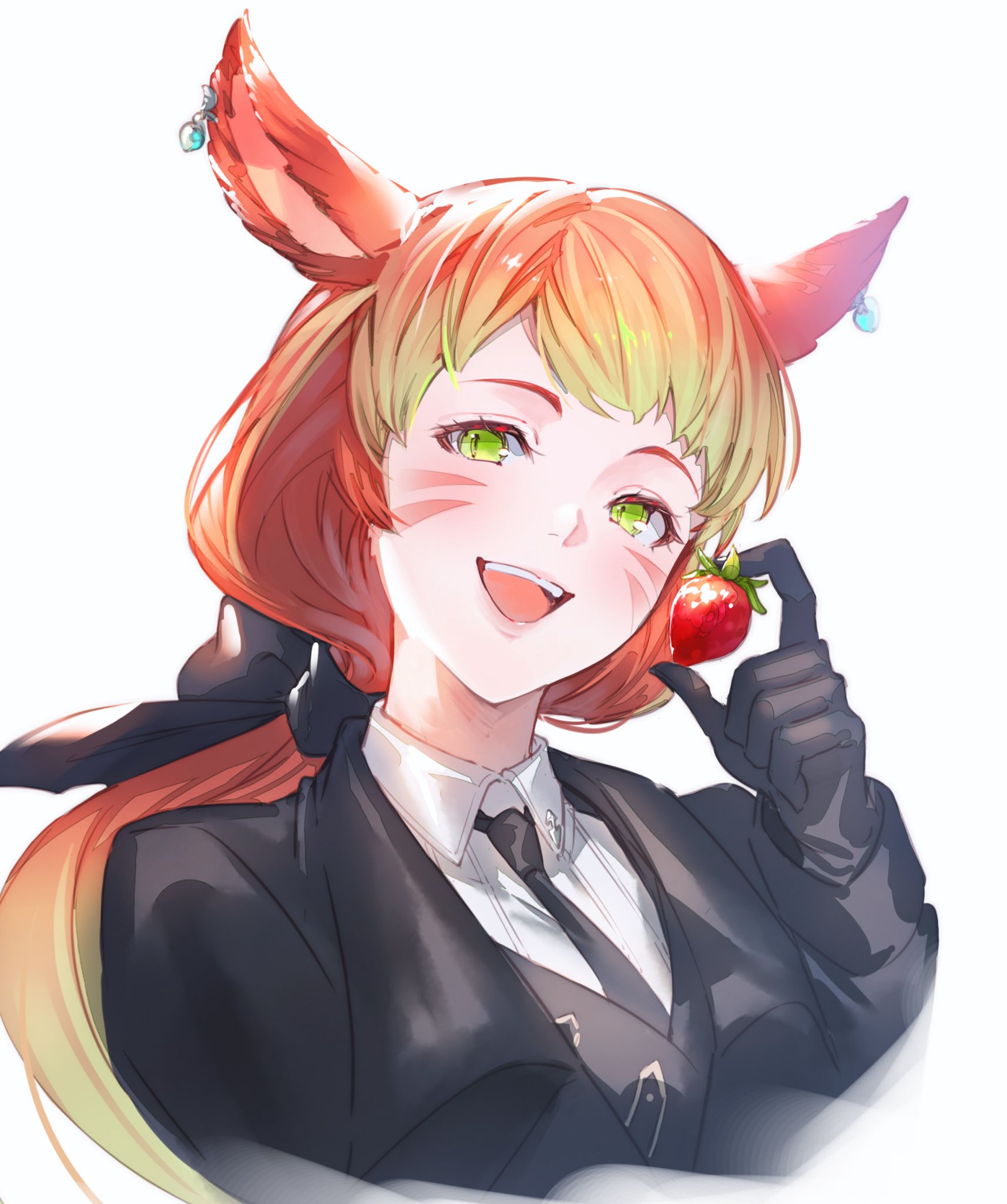 Safebooru - 1girl :d animal ears black gloves black jacket black necktie blonde hair bow cat ...