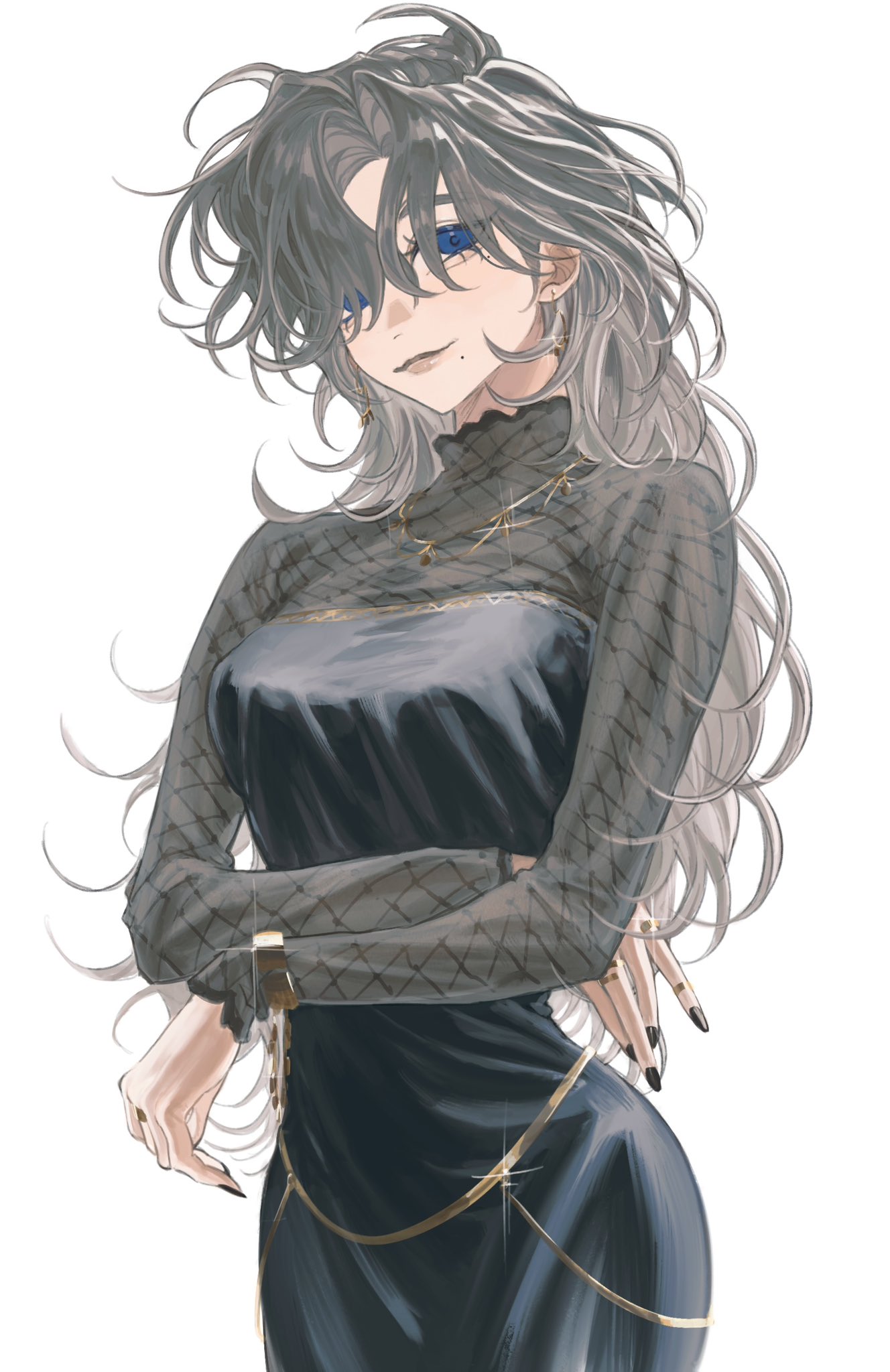 Safebooru - 1girl black dress black nails blue eyes bracelet crossed arms dress grey hair hair ...