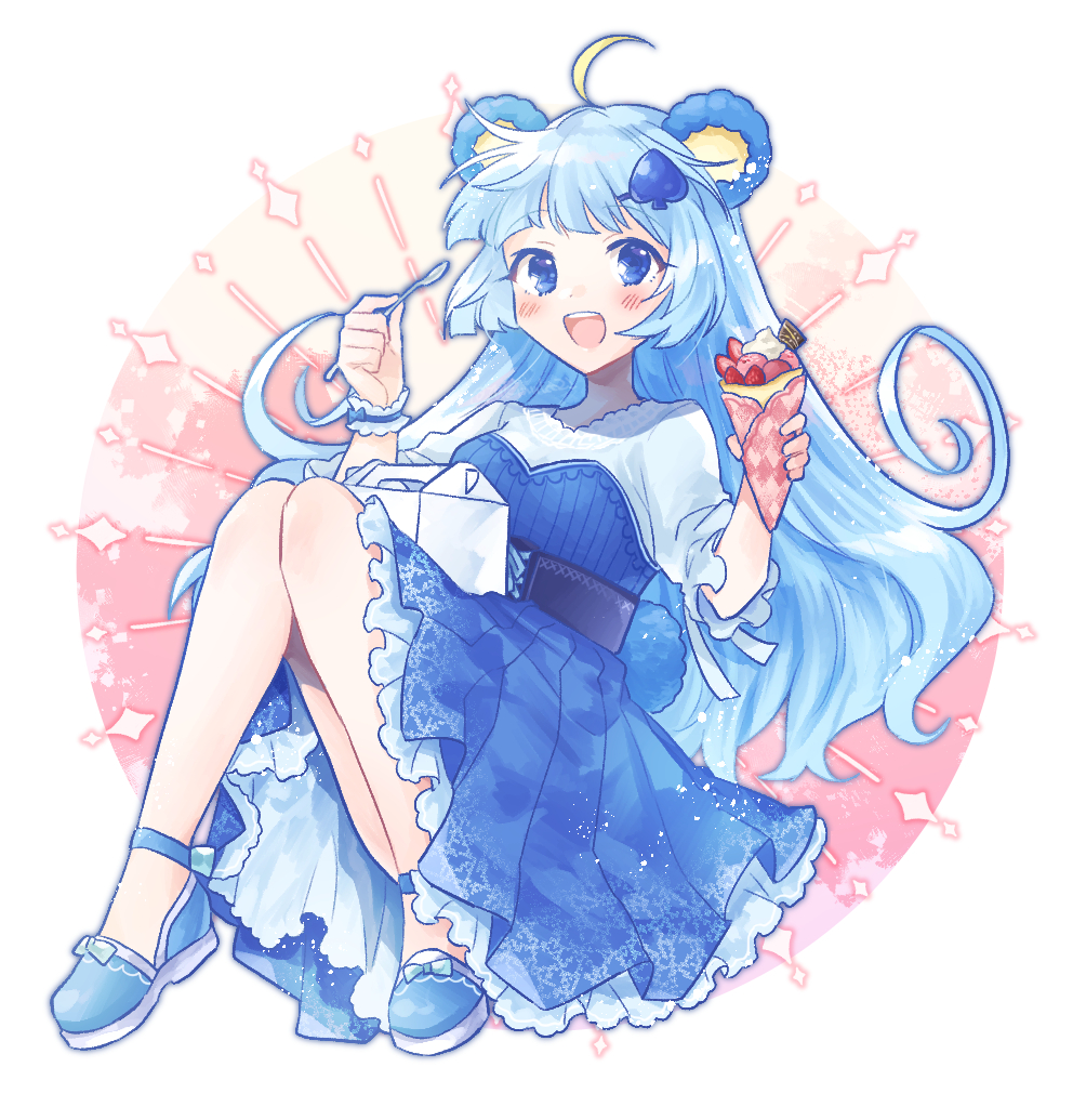 Safebooru - 1girl :d ahoge animal ears bear ears blue dress blue eyes blue footwear blue hair ...