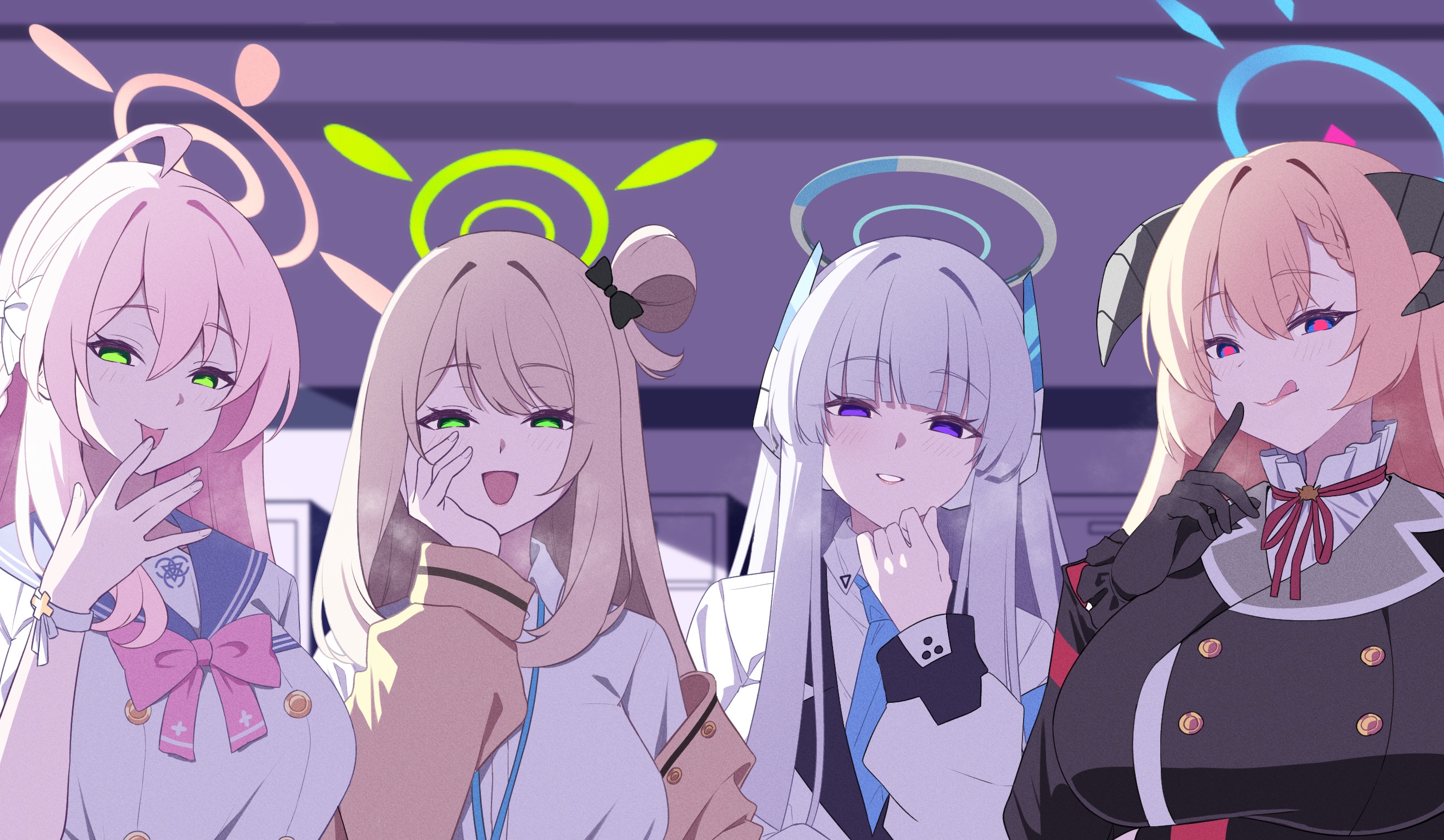 Safebooru - 4girls :d :q ahoge akari (blue archive) backlighting black gloves blazer blonde hair ...