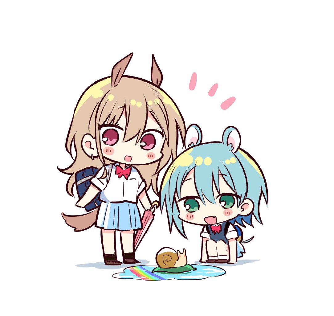 Safebooru - 2girls :d animal ears backpack bag black sweater vest blue bag blue hair blush chibi ...