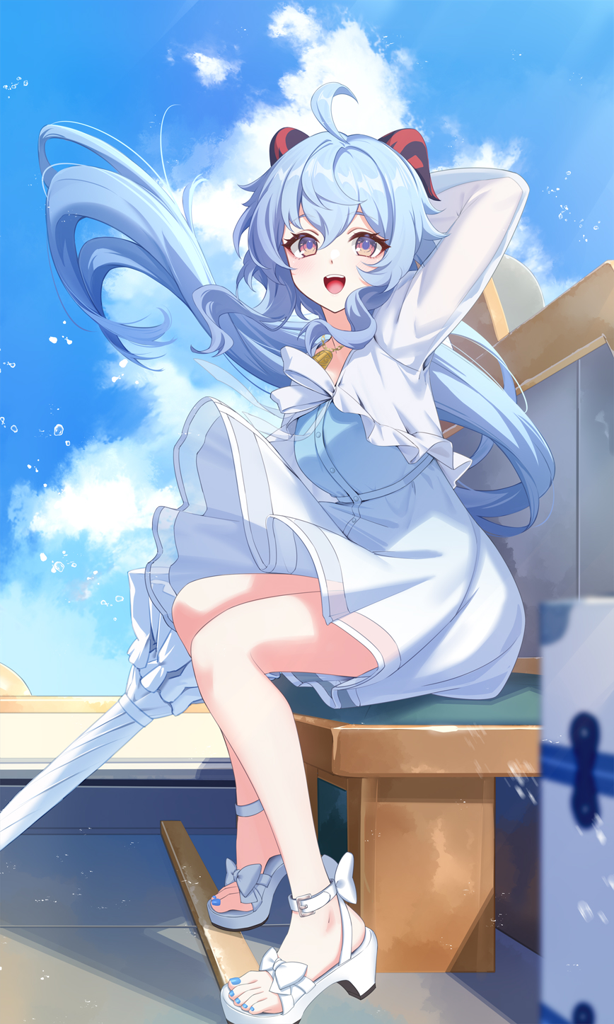 Safebooru - 1girl ahoge arms behind head blue hair blue nails blue sky bow clouds cloudy sky ...