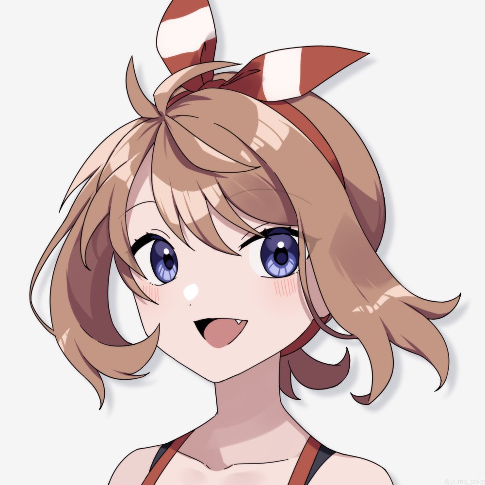 Safebooru - 1girl :d bare shoulders blue eyes bow brown hair collarbone ...