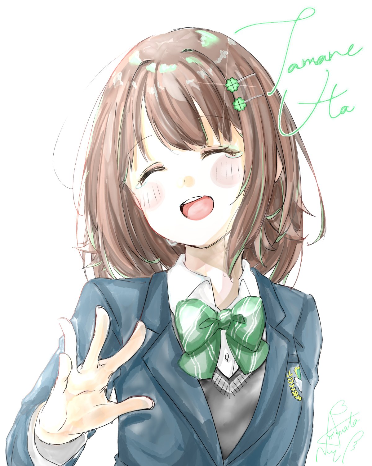 Safebooru - 1girl :d amata nui blazer blue jacket blush stickers bow bowtie breasts brown hair ...