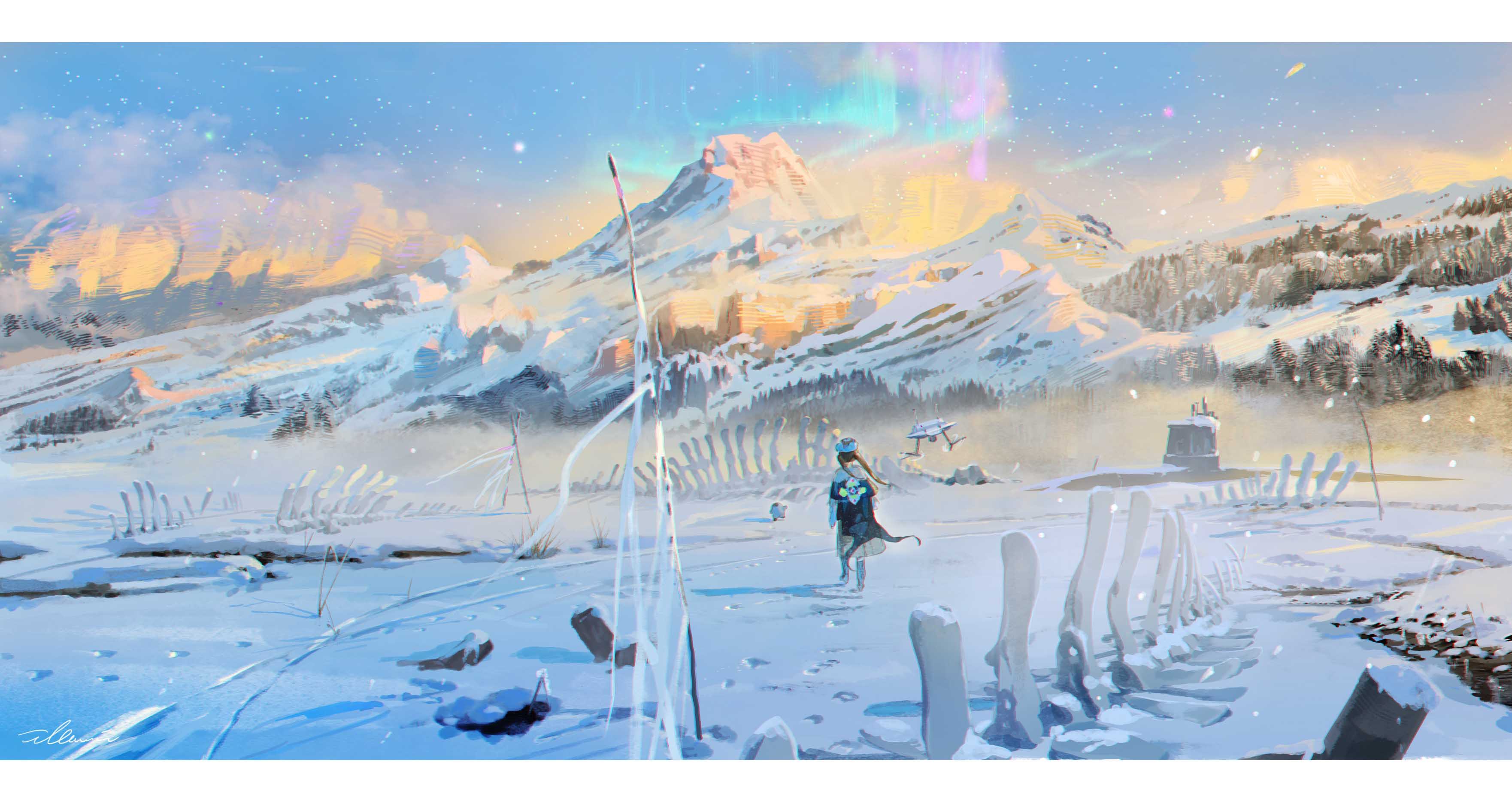 Safebooru - 1girl absurdres animal artist name aurora black coat branch ...