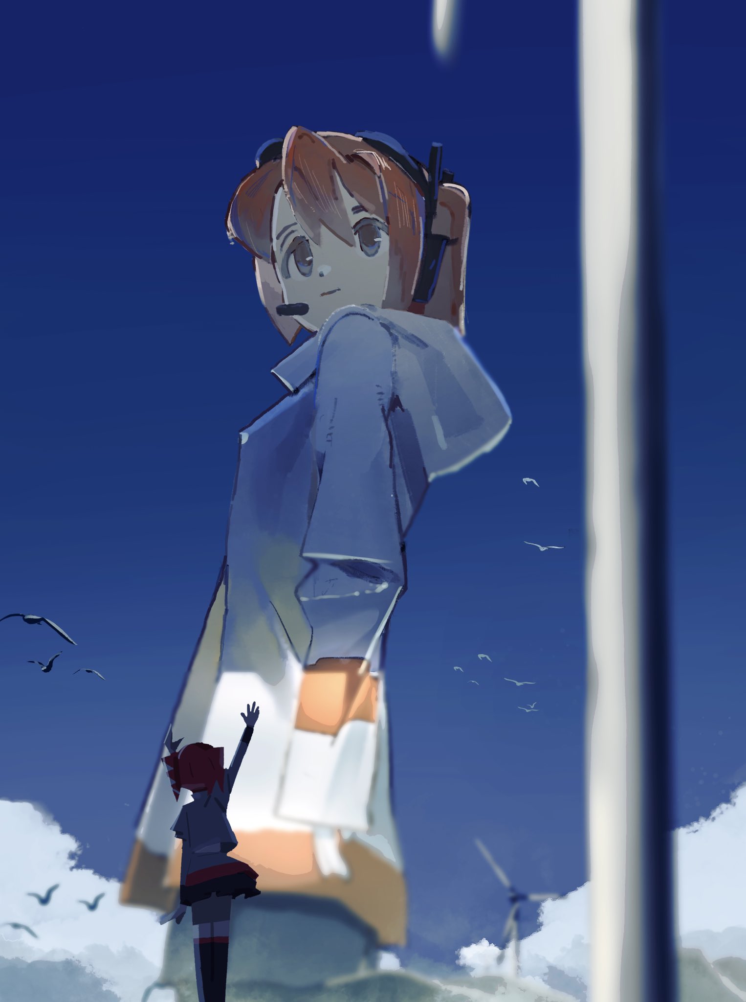 Safebooru - 2girls a.i. voice adachi rei arm up bird blue sky clouds ...
