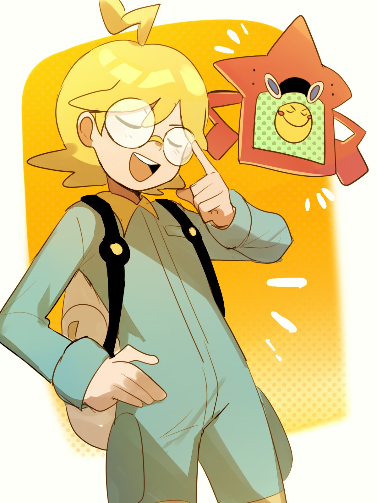 Safebooru - 1boy :d adjusting eyewear ahoge backpack bag blonde hair ...