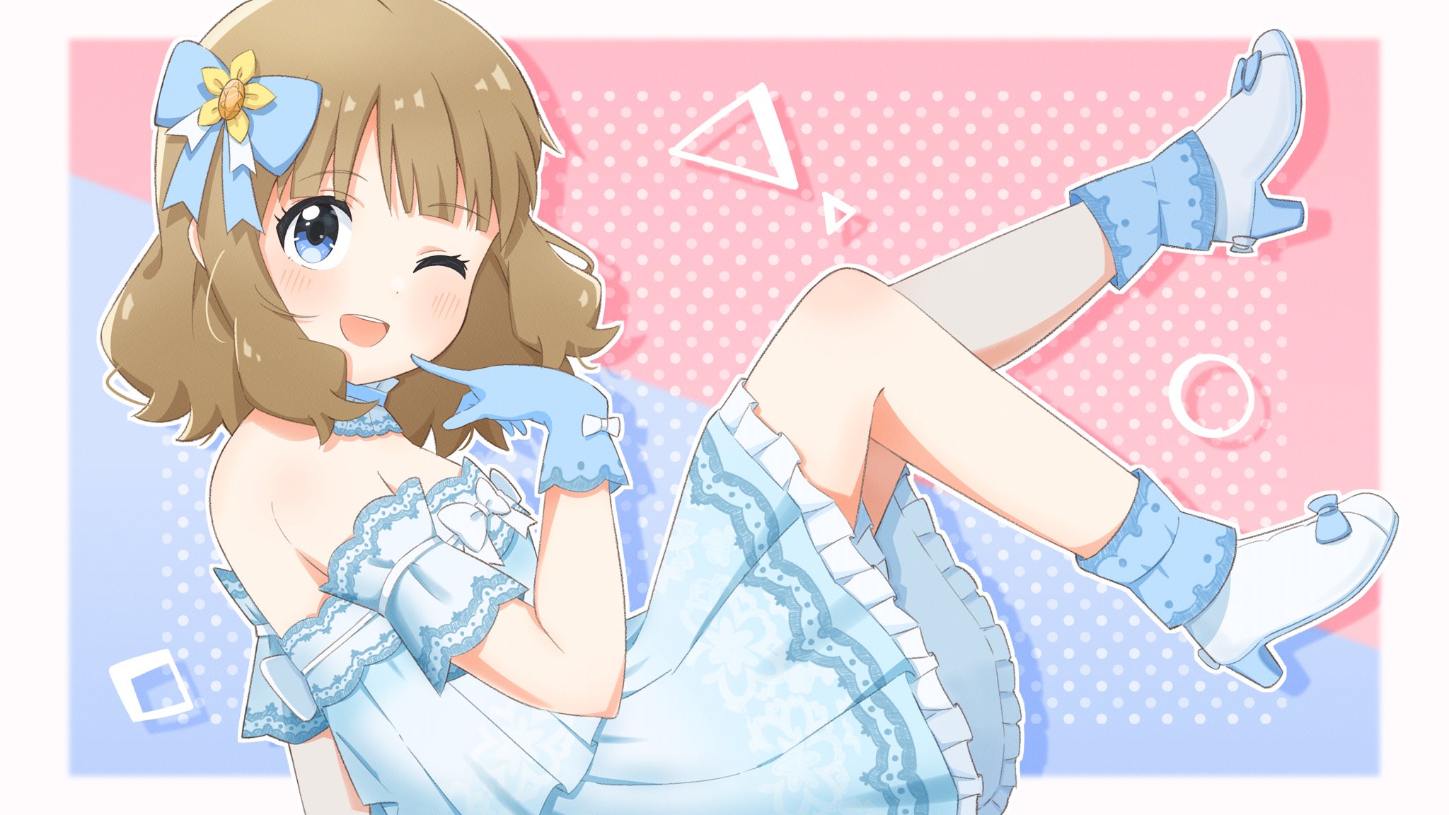 Safebooru - 1girl bare shoulders blue background blue bow blue dress blue eyes blue footwear ...