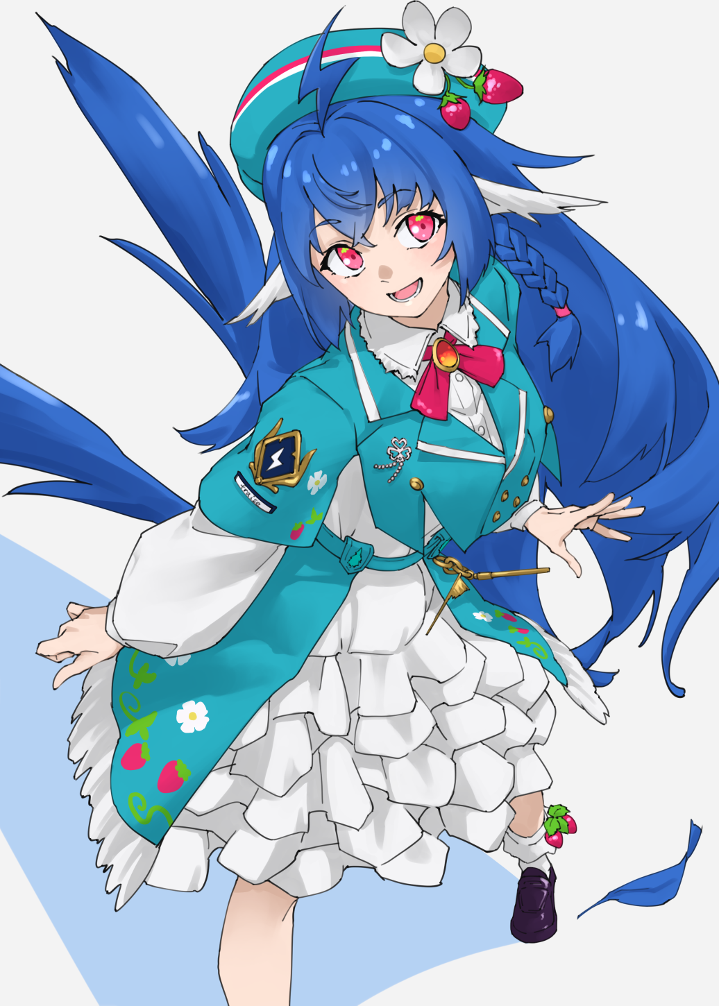 Safebooru - 1girl :d ahoge beret blue hair braid brooch commentary copyright request dress ...