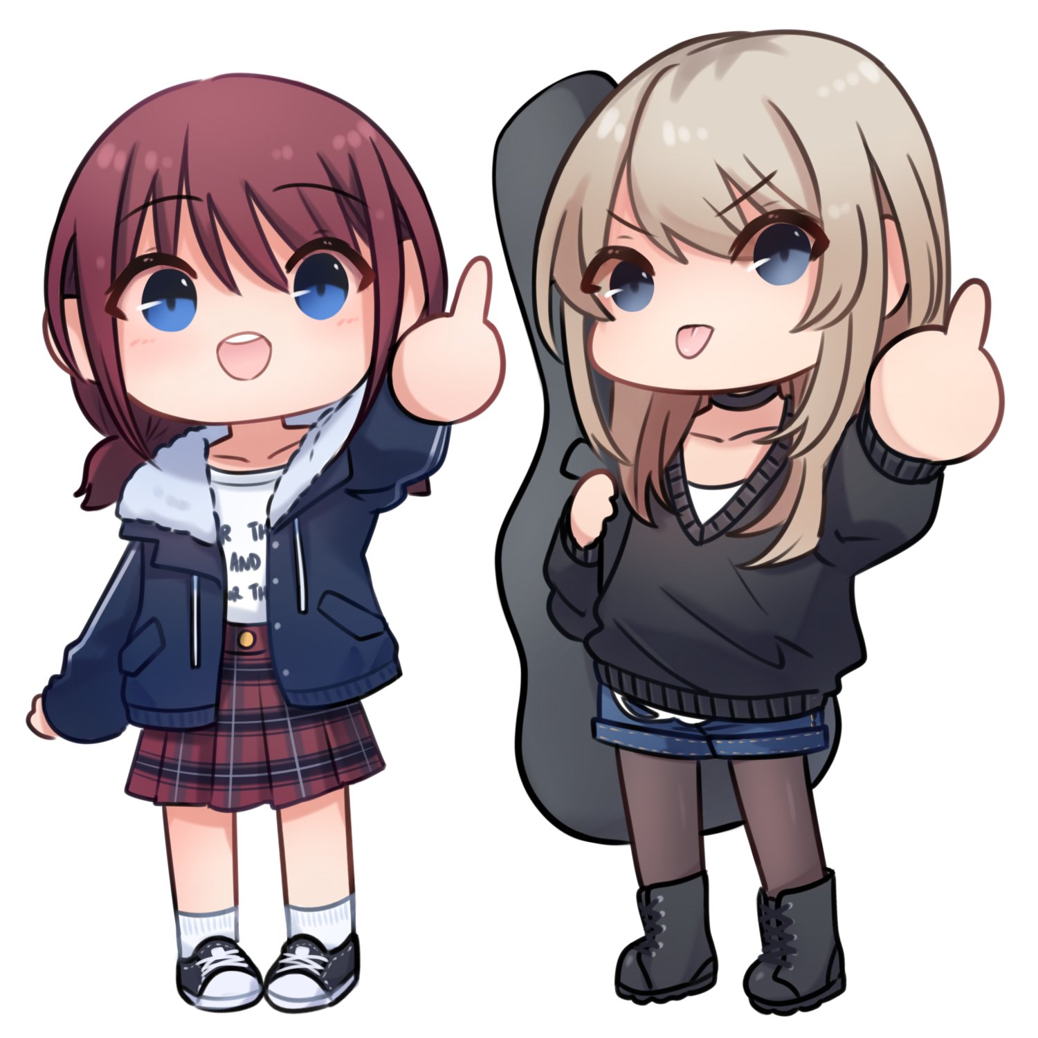 Safebooru - 2girls black footwear black sweater blue eyes blue jacket blue shorts brown hair ...