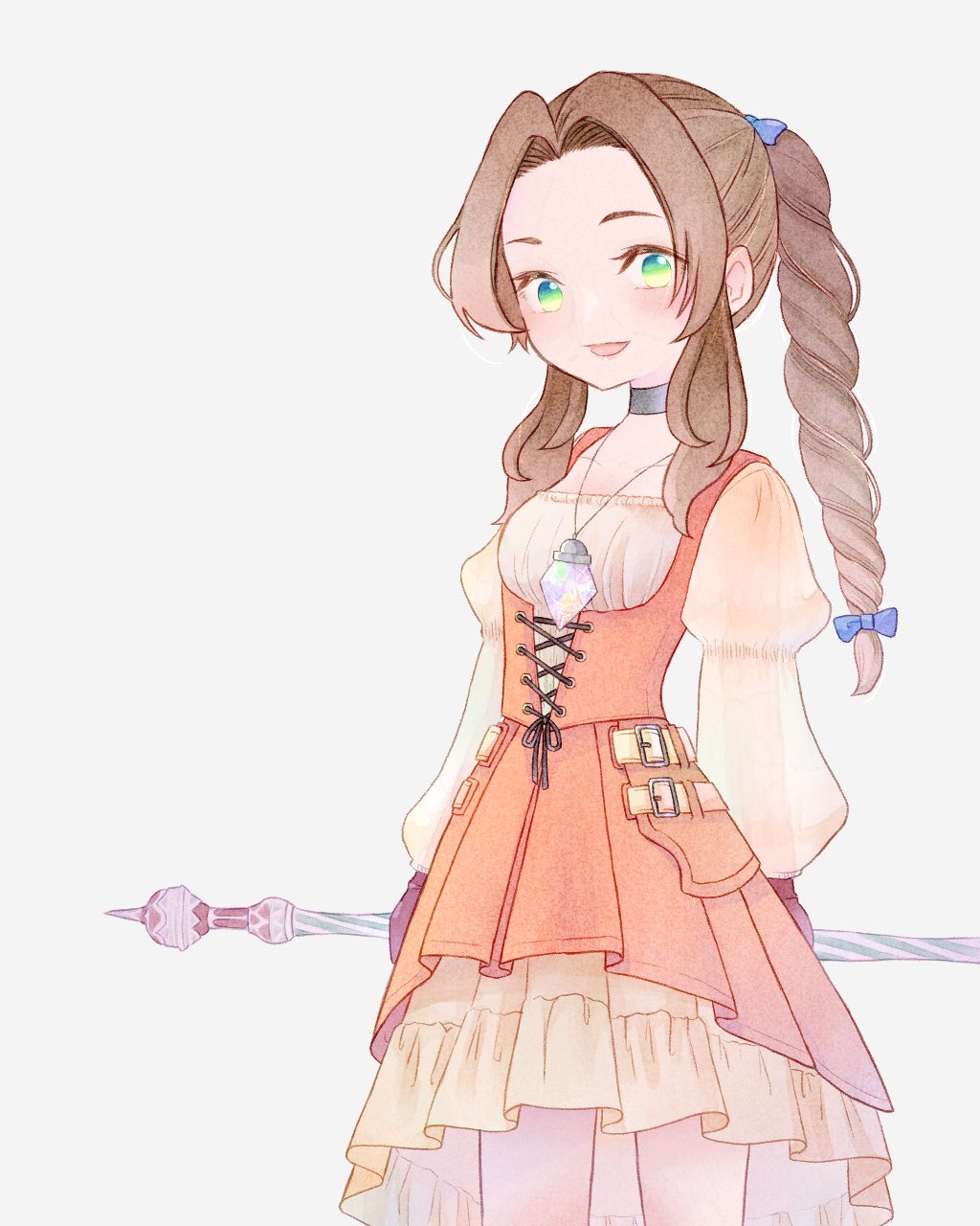 Safebooru - 1girl aerith gainsborough aerith gainsborough (garnet's gown) black choker blue bow ...