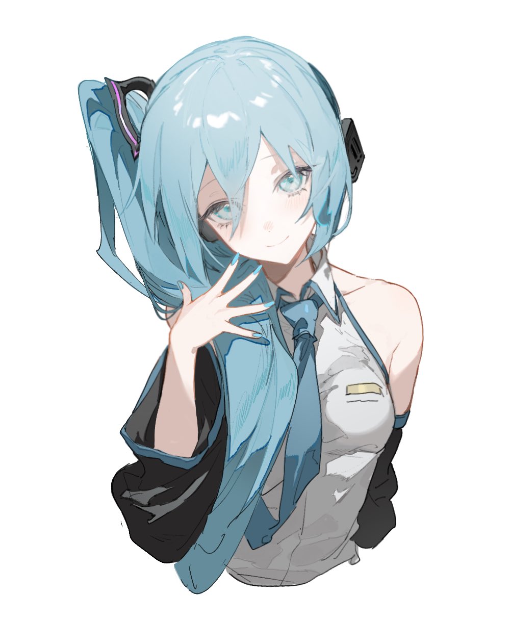 Safebooru - 1girl arm at side armpit crease bare shoulders black sleeves blue nails blue necktie ...