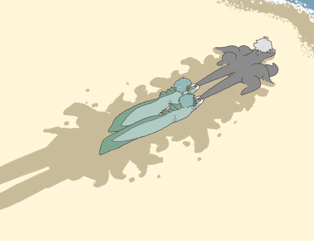 Safebooru - 3boys azul ashengrotto beach blue hair blue skin brothers ...