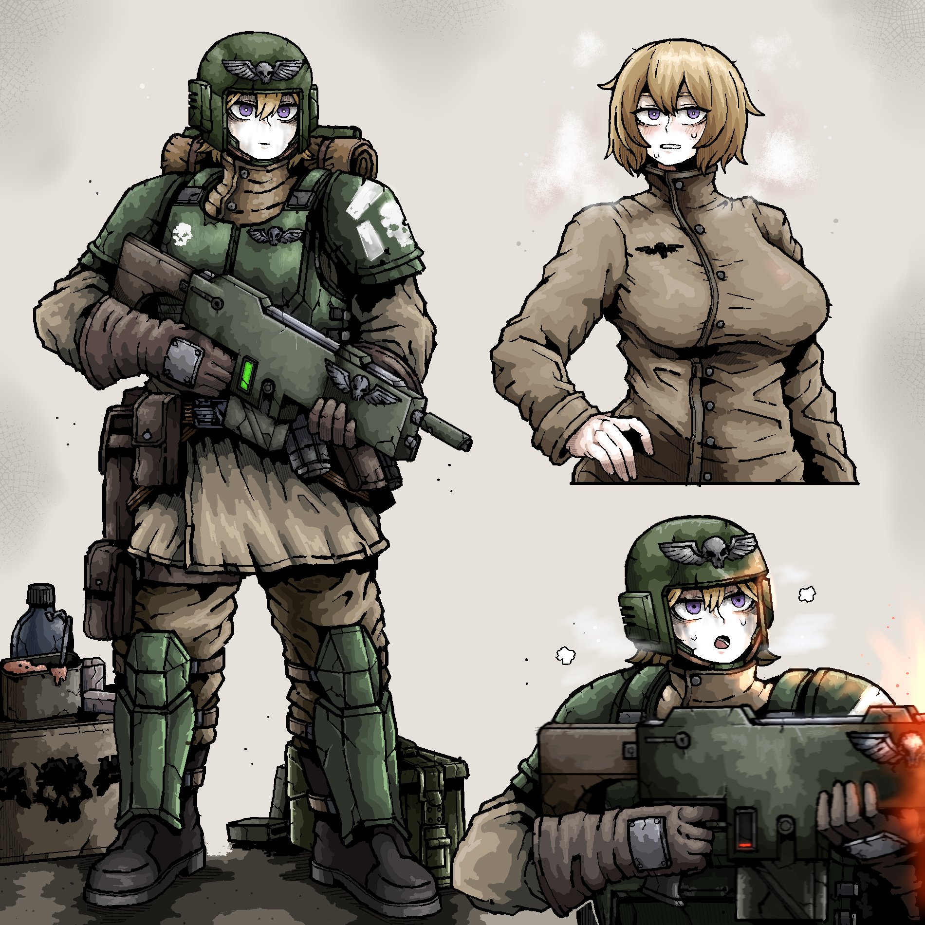 Safebooru - 1girl ammunition box armor astra militarum backpack bag bedroll blonde hair canteen ...