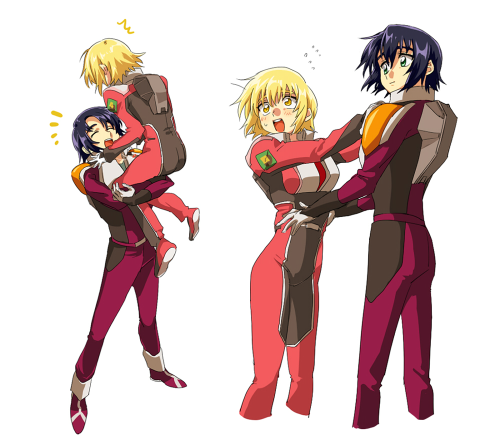 Safebooru - 1boy 1girl :d athrun zala blonde hair blue hair blush bodysuit breasts cagalli yula ...