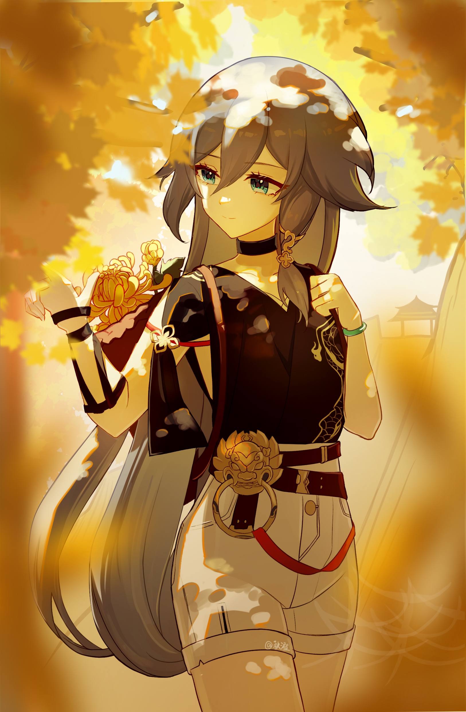 Safebooru - 1girl absurdres autumn leaves belt black choker black shirt blue eyes bracelet ...