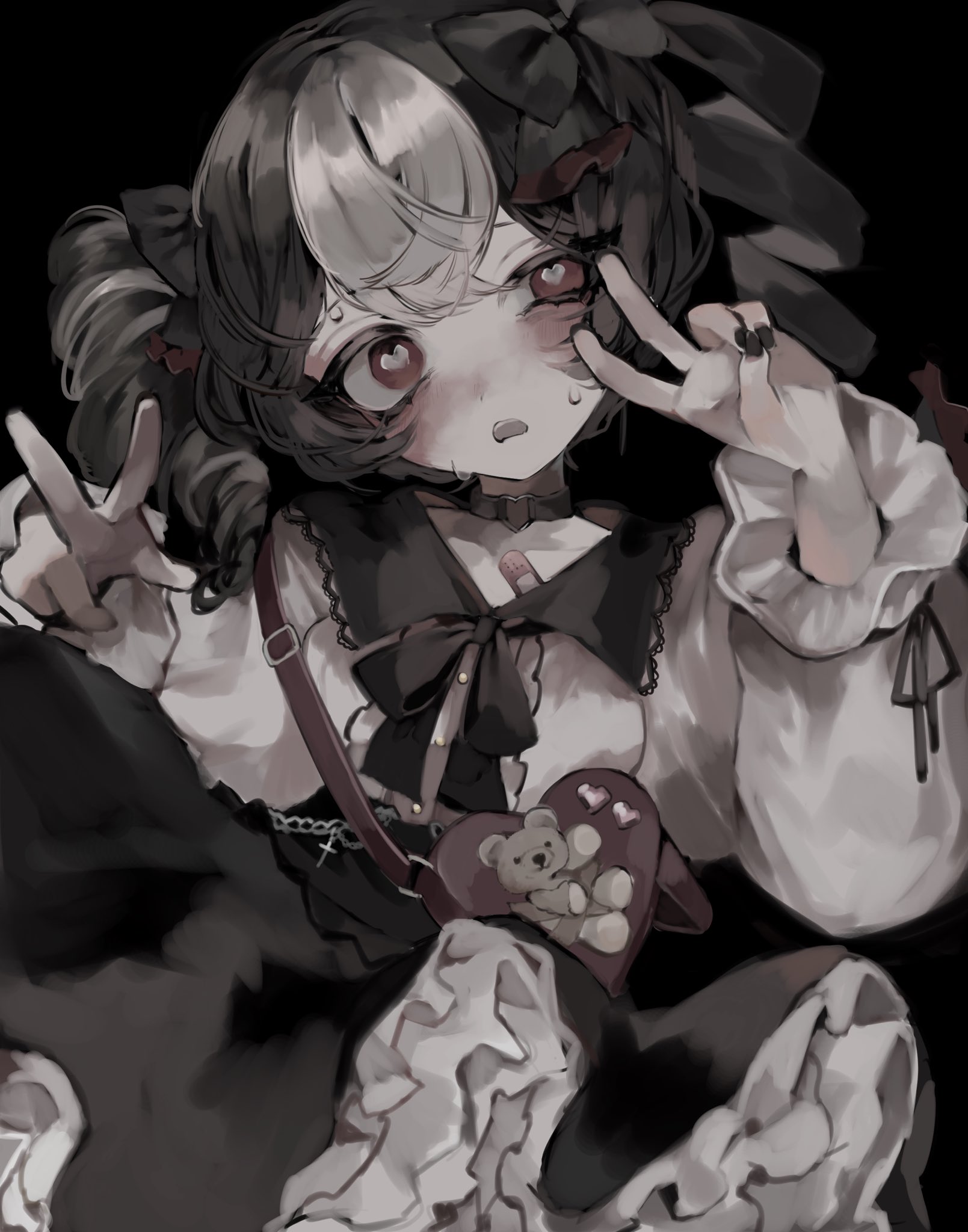 Safebooru - 1girl bag bandaid black background black bow black hair black nails black ribbon bow ...