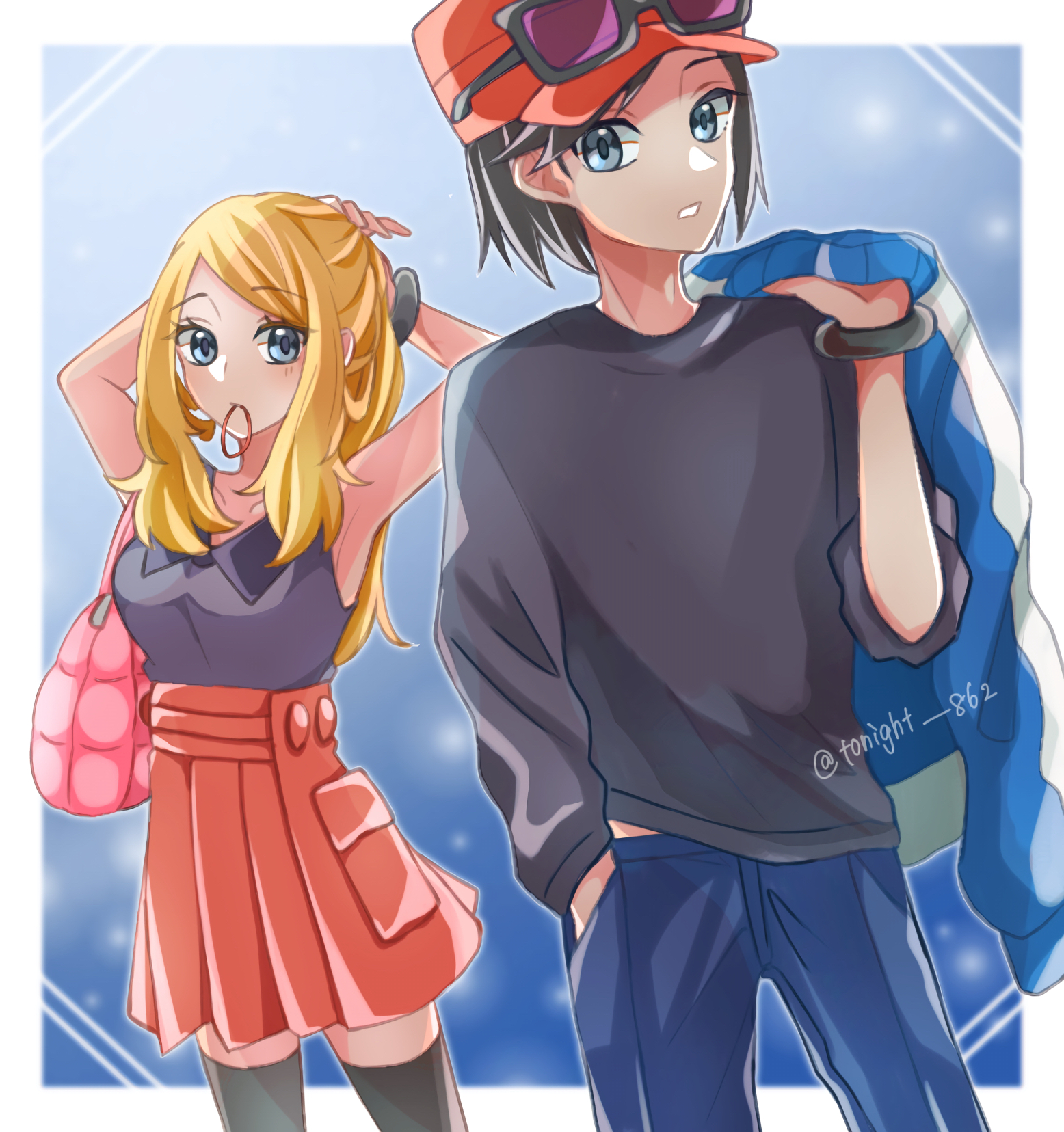 Safebooru - 1boy 1girl armpits arms up bag bare arms black-framed eyewear black hair black shirt ...