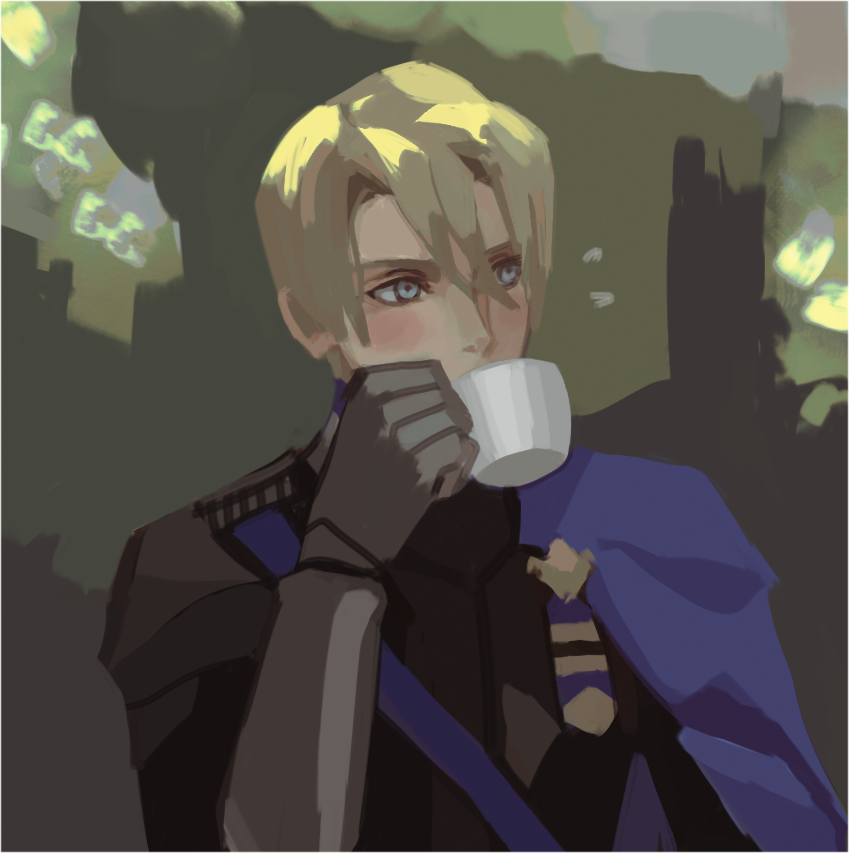 Safebooru - 1boy ahto 721 arm up armored gloves belt black shirt blonde hair blue belt blue cape ...