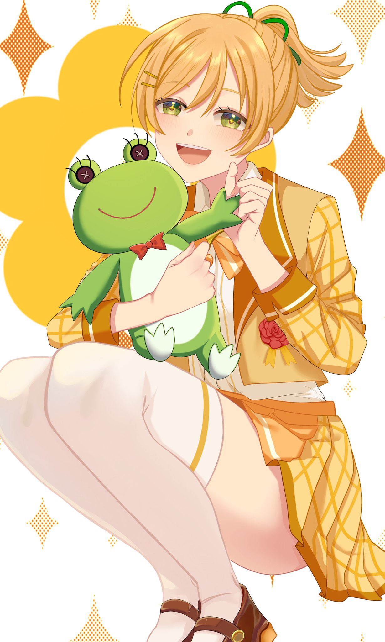 Safebooru - 1girl :d blonde hair blush bow bowtie brown footwear collared shirt commentary daiba ...