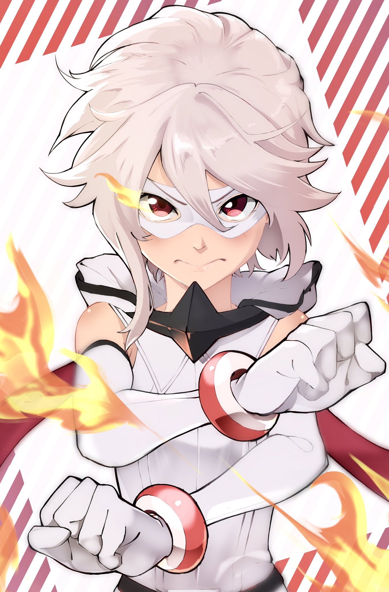 Safebooru - 1girl bare shoulders belt black belt elbow gloves eye mask fire gloves grey hair ...