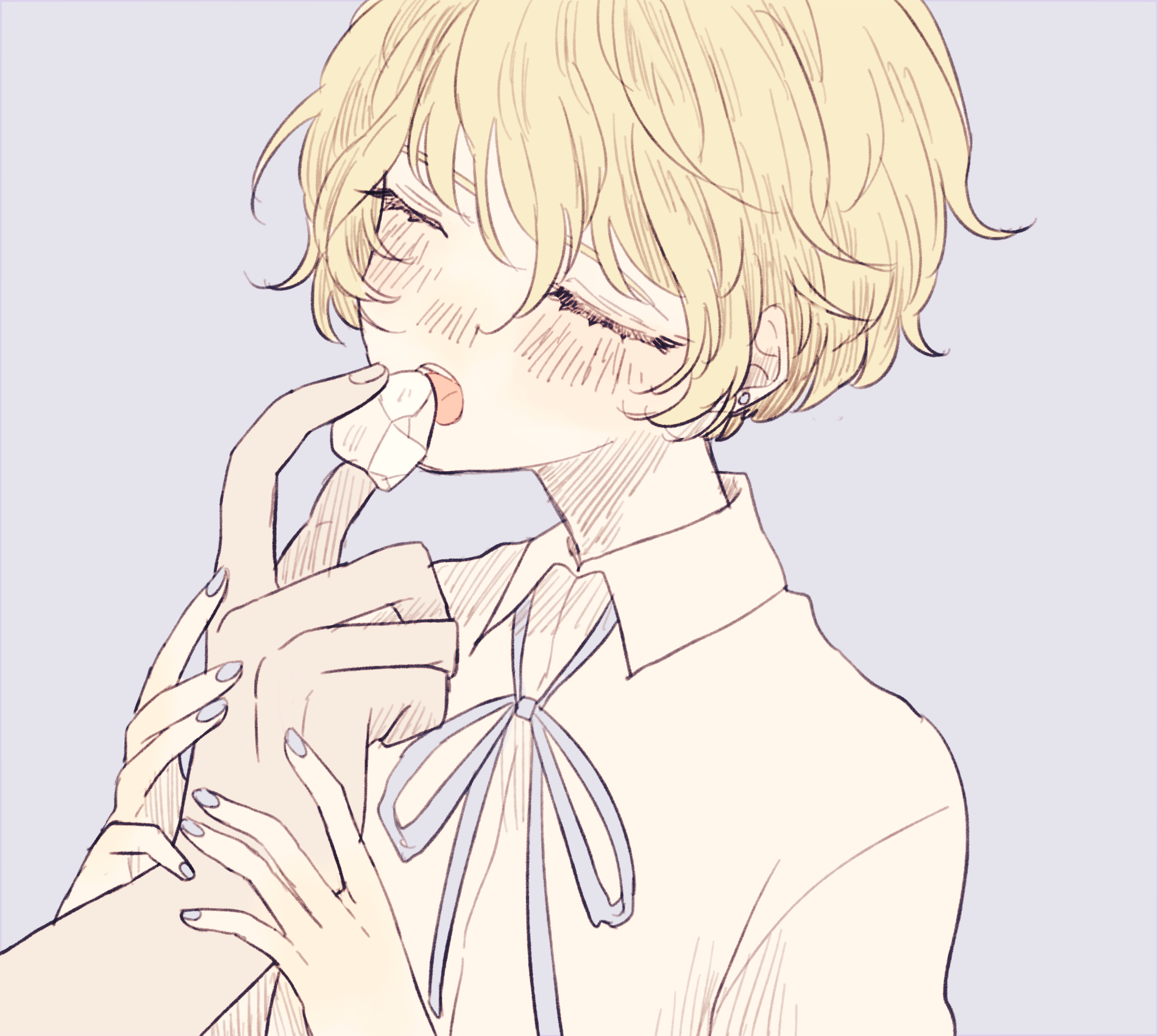 Safebooru - 1boy 1girl 382 blonde hair blue nails blue ribbon blush closed eyes collared shirt ...