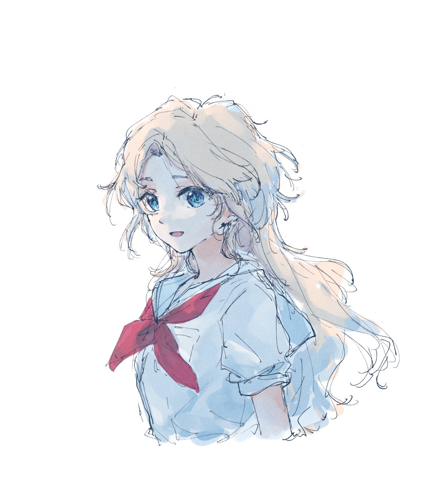 Safebooru - 1girl :d blonde hair blue eyes blue hair breast pocket cropped torso dress fang ...