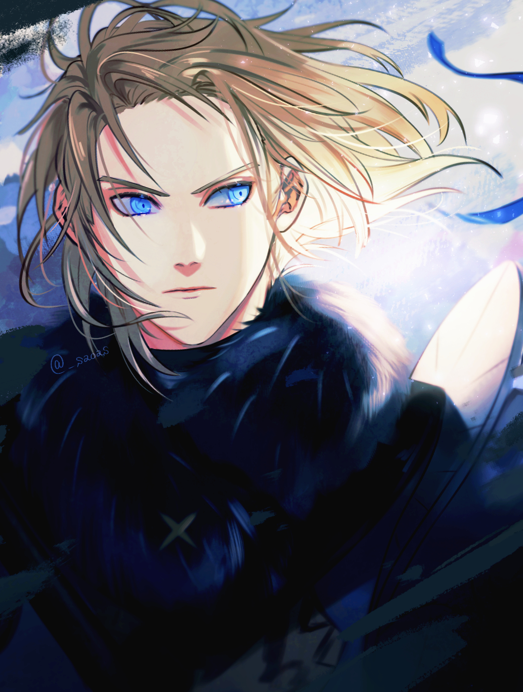 Safebooru - 1boy armor black armor blonde hair blue eyes blue fur blue ribbon closed mouth ...