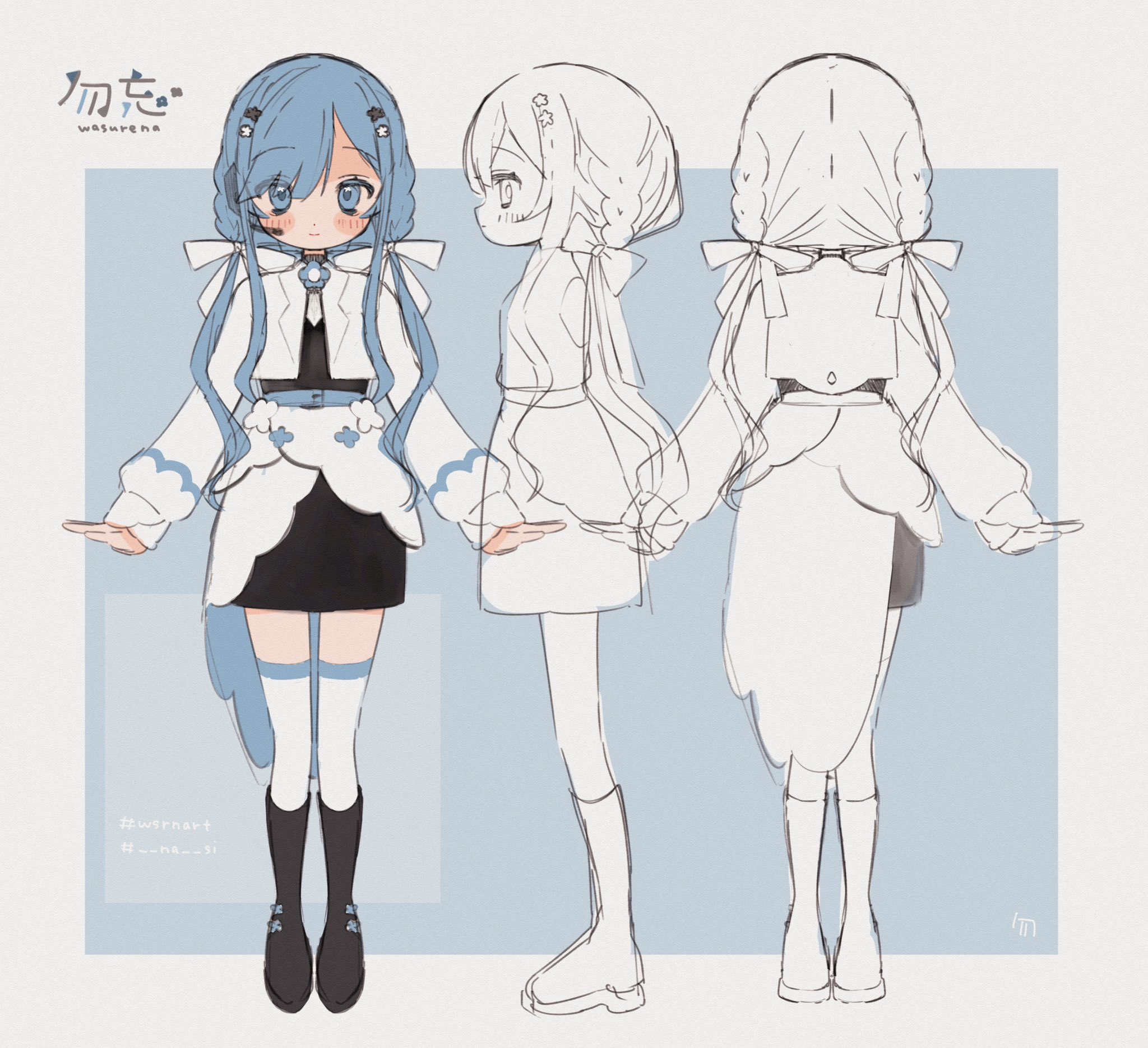 Safebooru - 1girl alt text asymmetrical bangs black footwear black skirt blue background blue ...