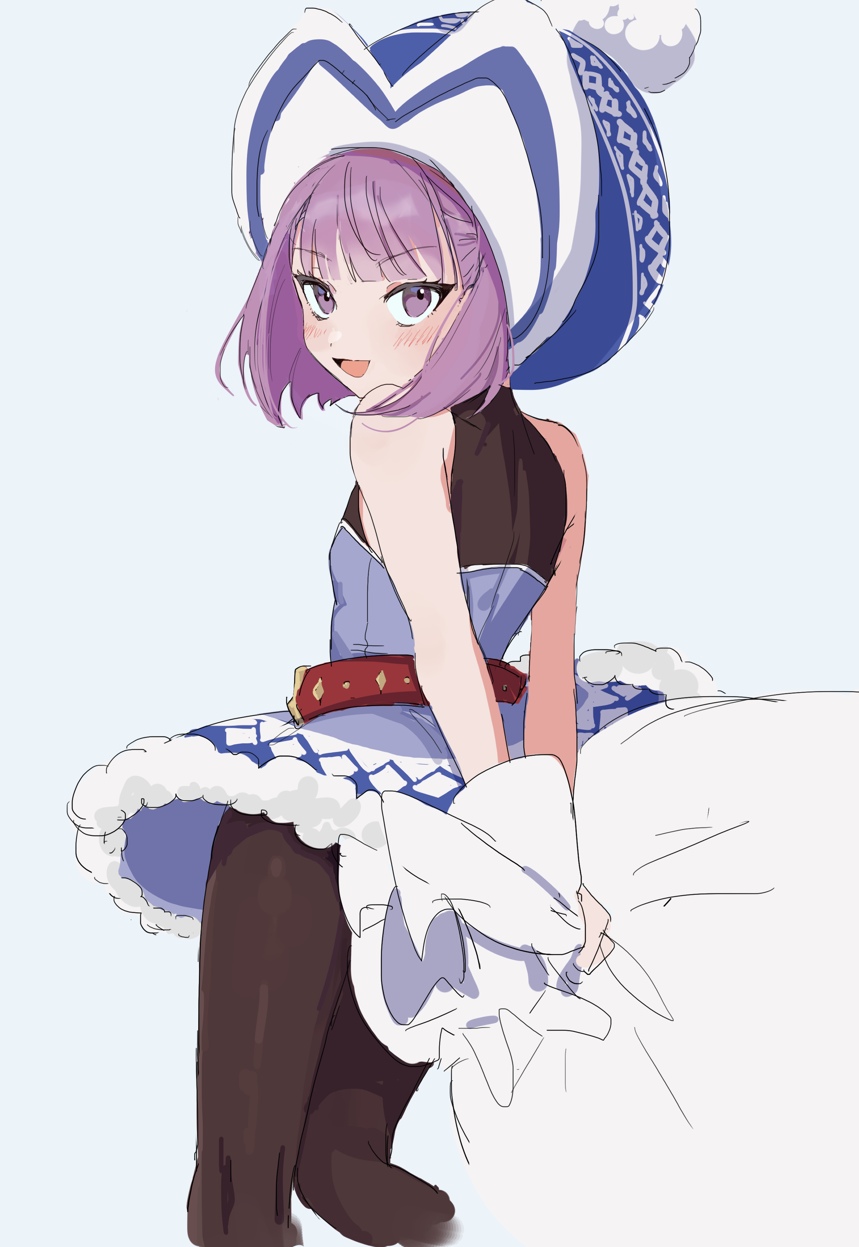 Safebooru - 1girl :d absurdres arms behind back bare shoulders beanie belt black pantyhose blue ...