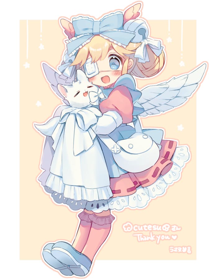 Safebooru - 1girl angel wings animal animal hug apron artist name bag bell blanket blonde hair ...