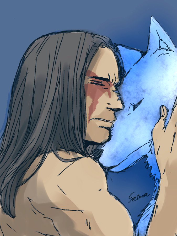 Safebooru - 1boy blue background comfort comforting long hair male male ...