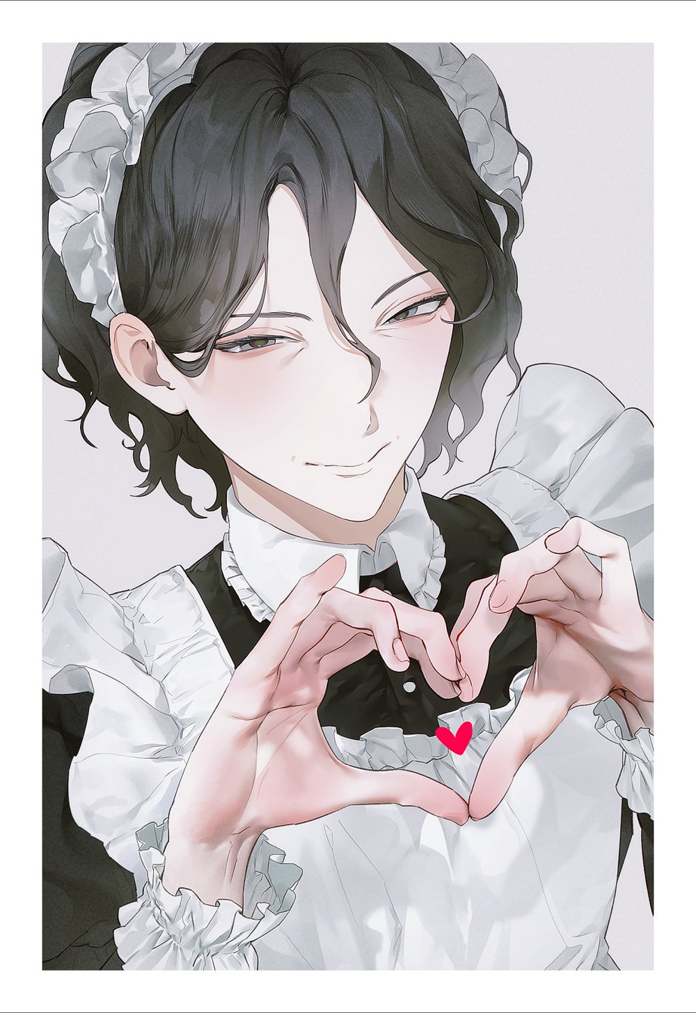 Safebooru - 1boy alternate costume apron black hair black shirt border collared shirt commentary ...