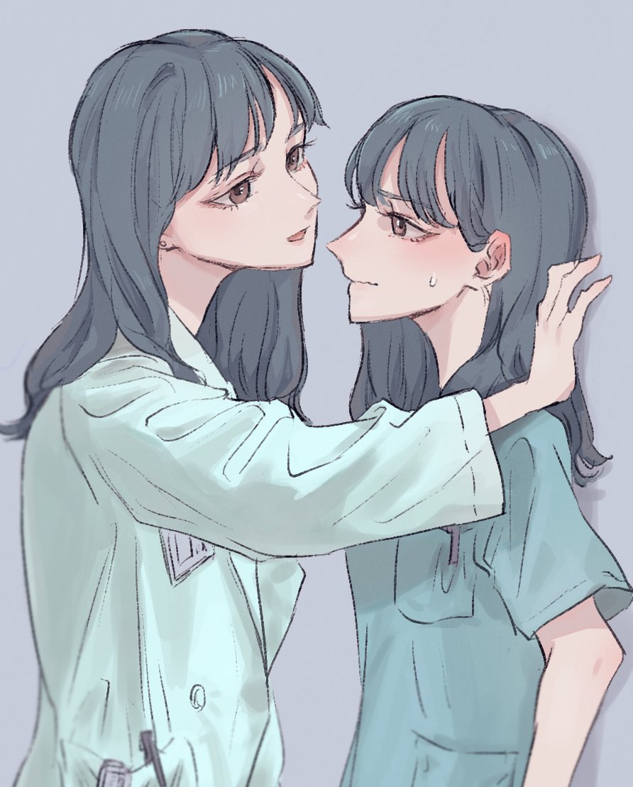 Safebooru - 2girls black hair blue background blue shirt blush brown eyes closed mouth ...