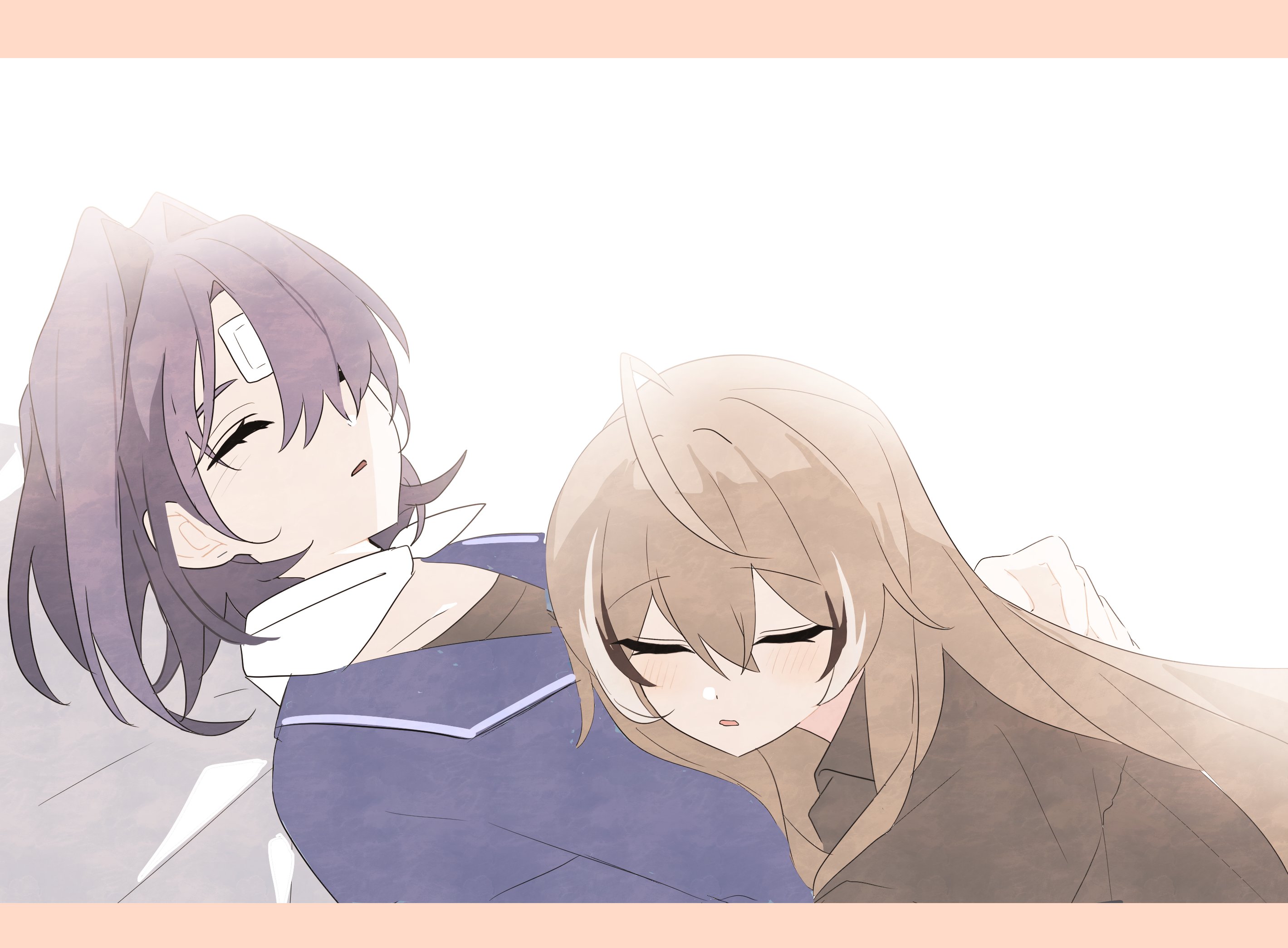 Safebooru - 2girls ahoge bandaid bandaid on face bandaid on forehead bed sheet black shirt blue ...