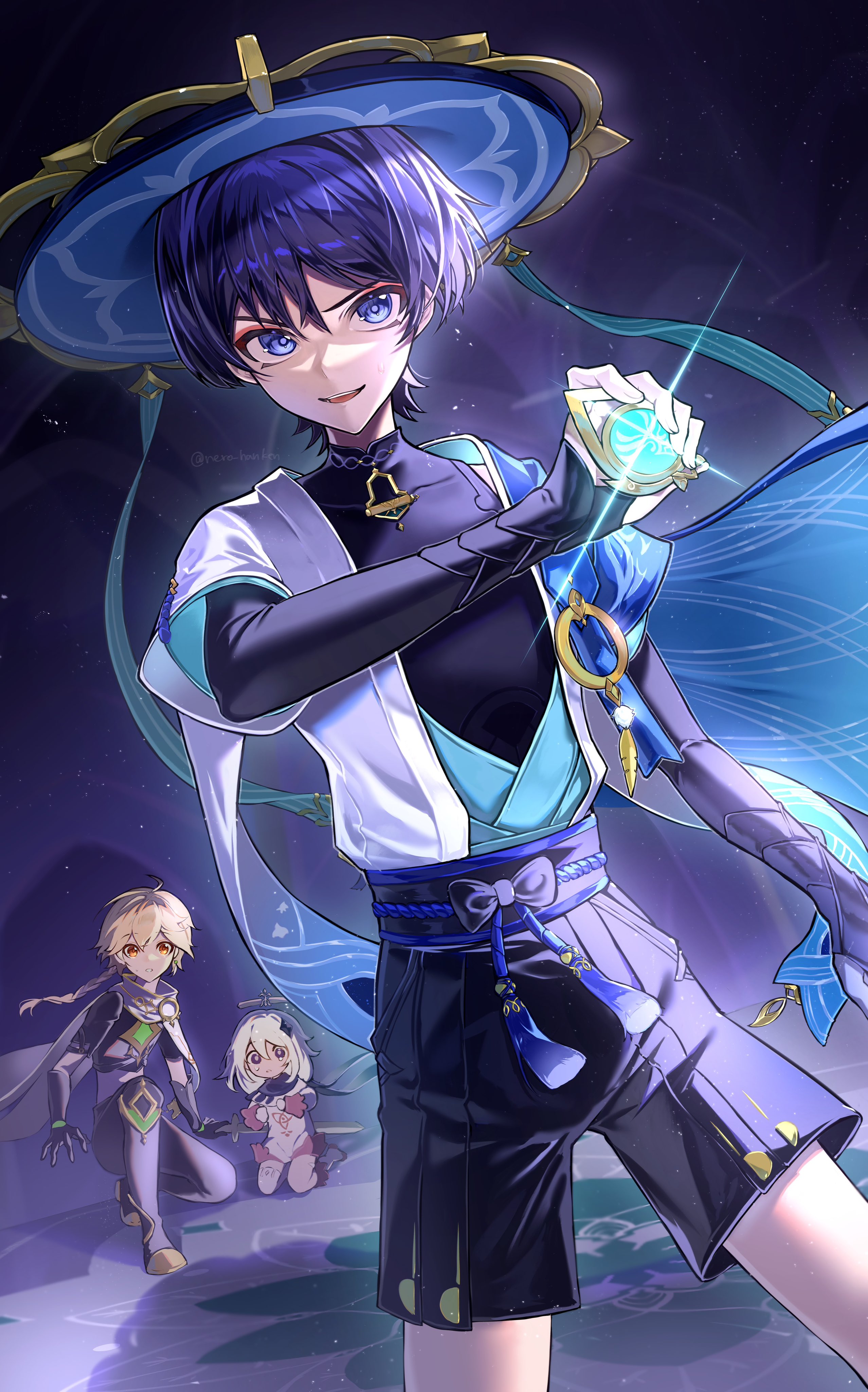 Safebooru - 1girl 2boys absurdres aether (genshin impact) ahoge artist name black bow black cape ...