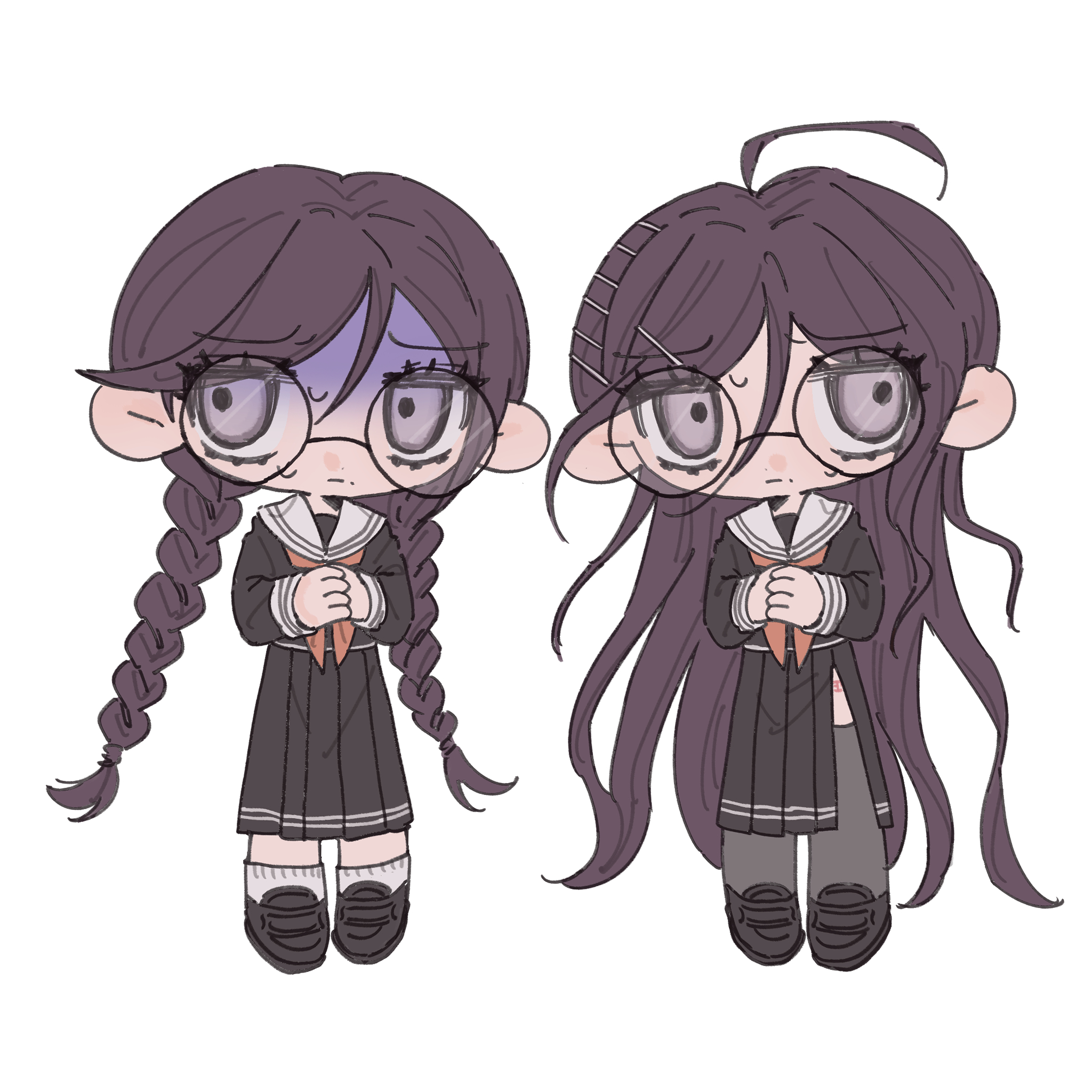 Safebooru - 2girls ahoge black-framed eyewear black hair black shirt braid brown thighhighs ...