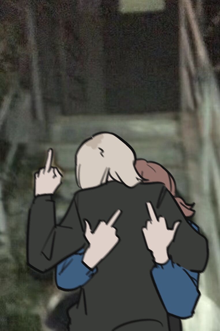 Safebooru - 2girls arm up black sweater blue sweater brown hair ...