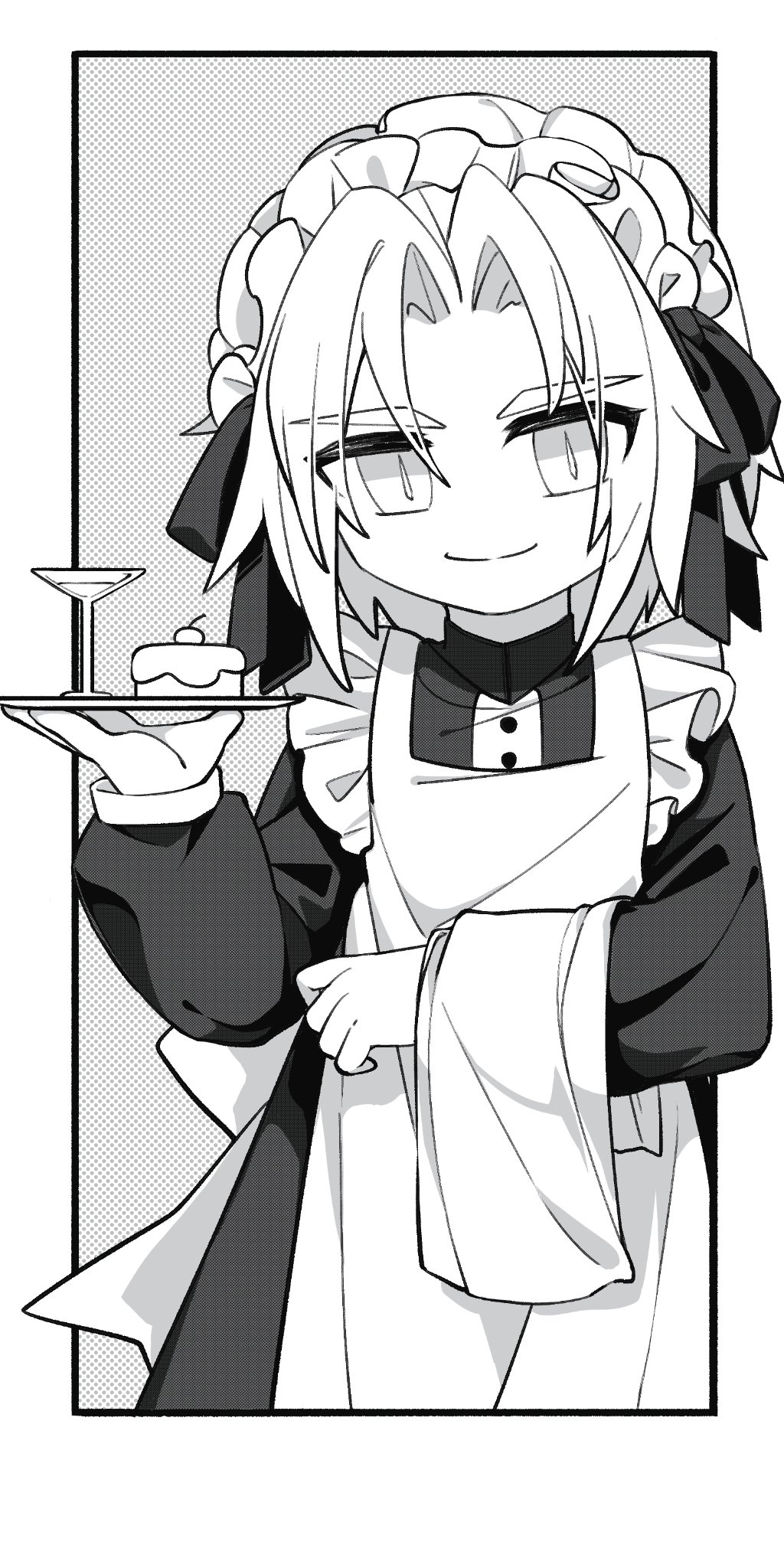 Safebooru - 1boy aged down alternate costume apron arm across waist back bow border bow cake ...