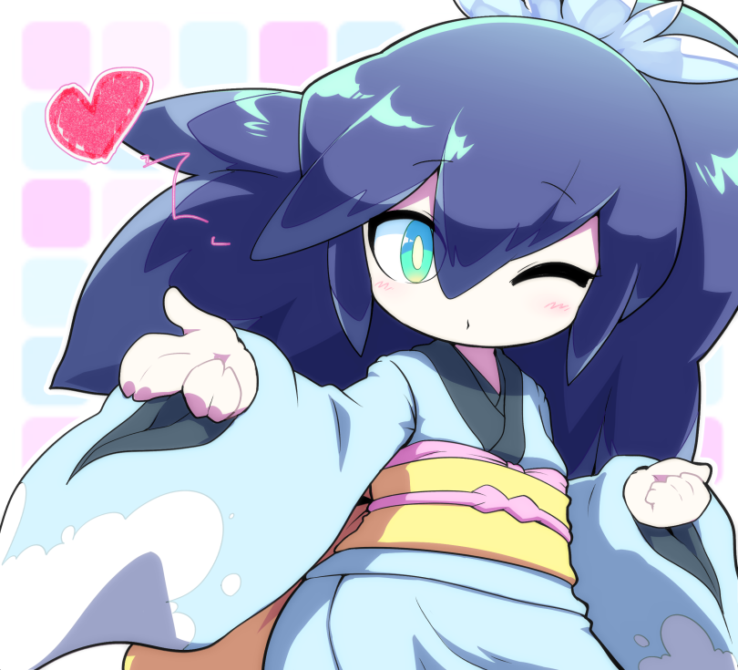 Safebooru - 1girl aqua eyes blowing kiss blue hair blush fubukihime heart high ponytail japanese ...