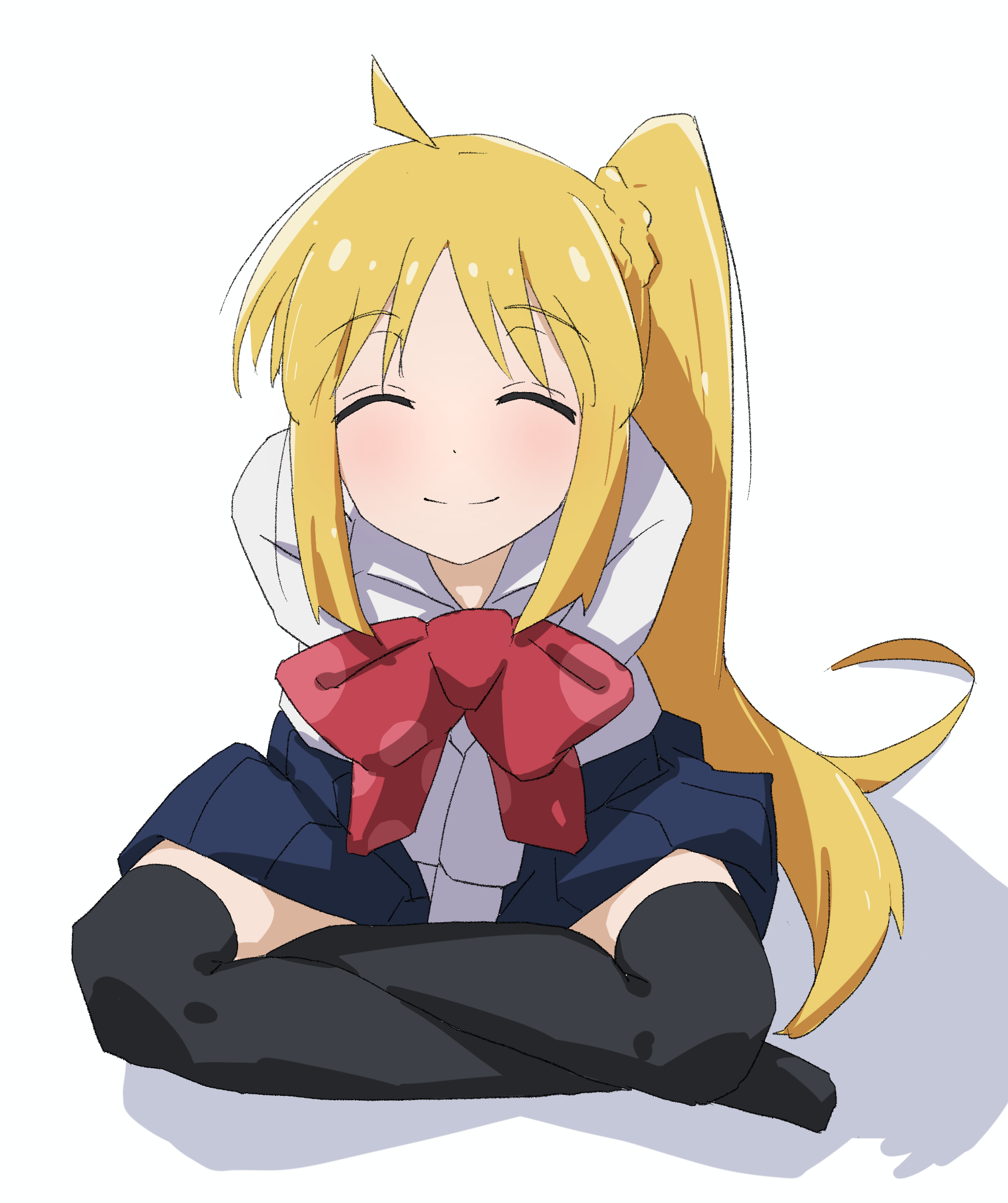 Safebooru - 1girl ^ ^ ahoge black thighhighs blonde hair blue skirt blush bocchi the rock! bow ...